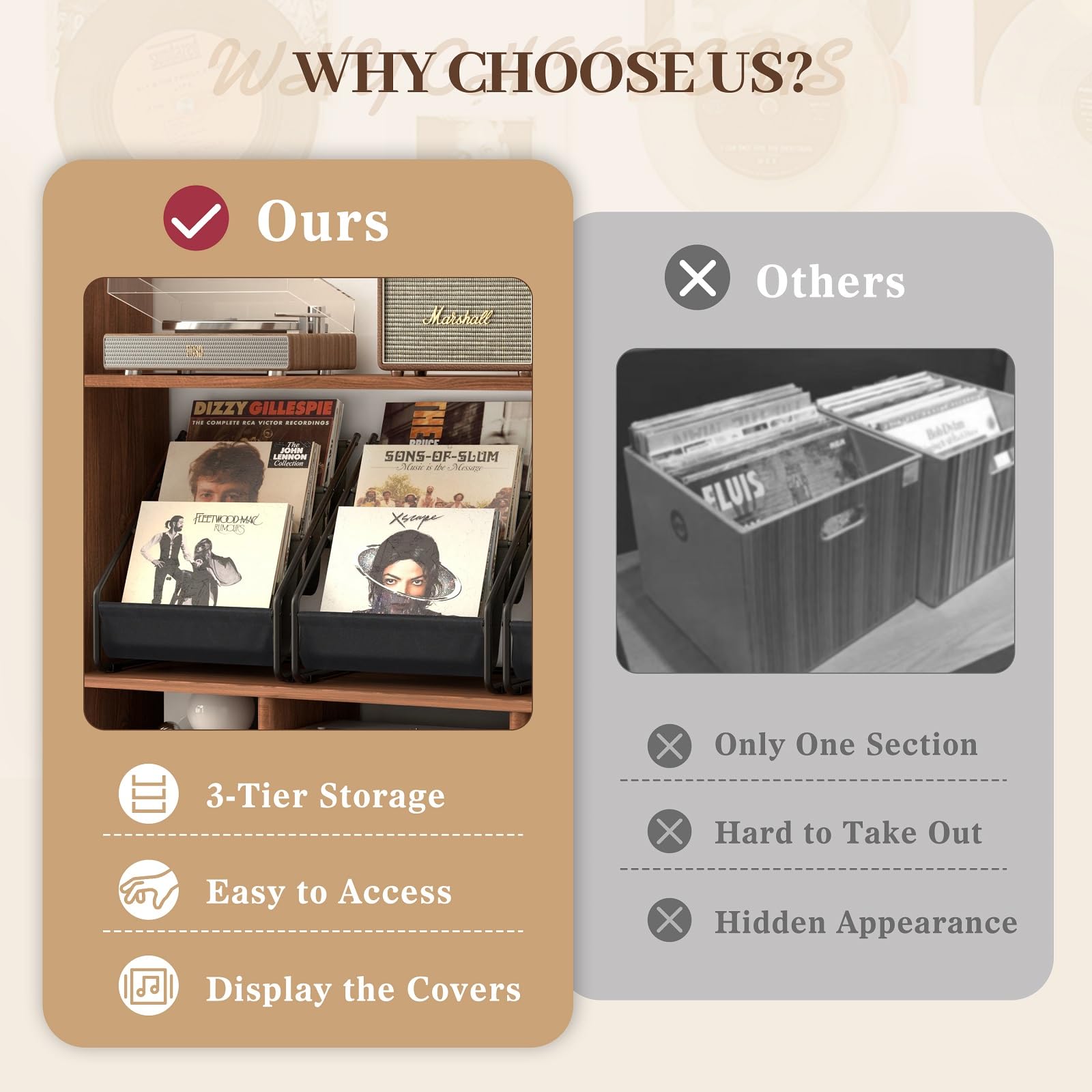 Snapklik.com : Vinyl Record Storage, 3-Tier Record Holder Up 40-60 LPs ...
