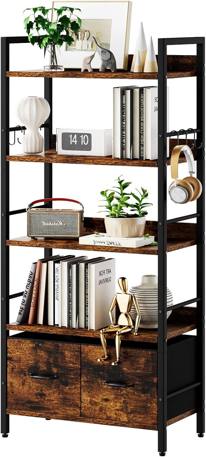 Aibiju Bookshelf, 5 Tier Bookshelves With 2 Fabric Cloth Drawers，Shelf ...
