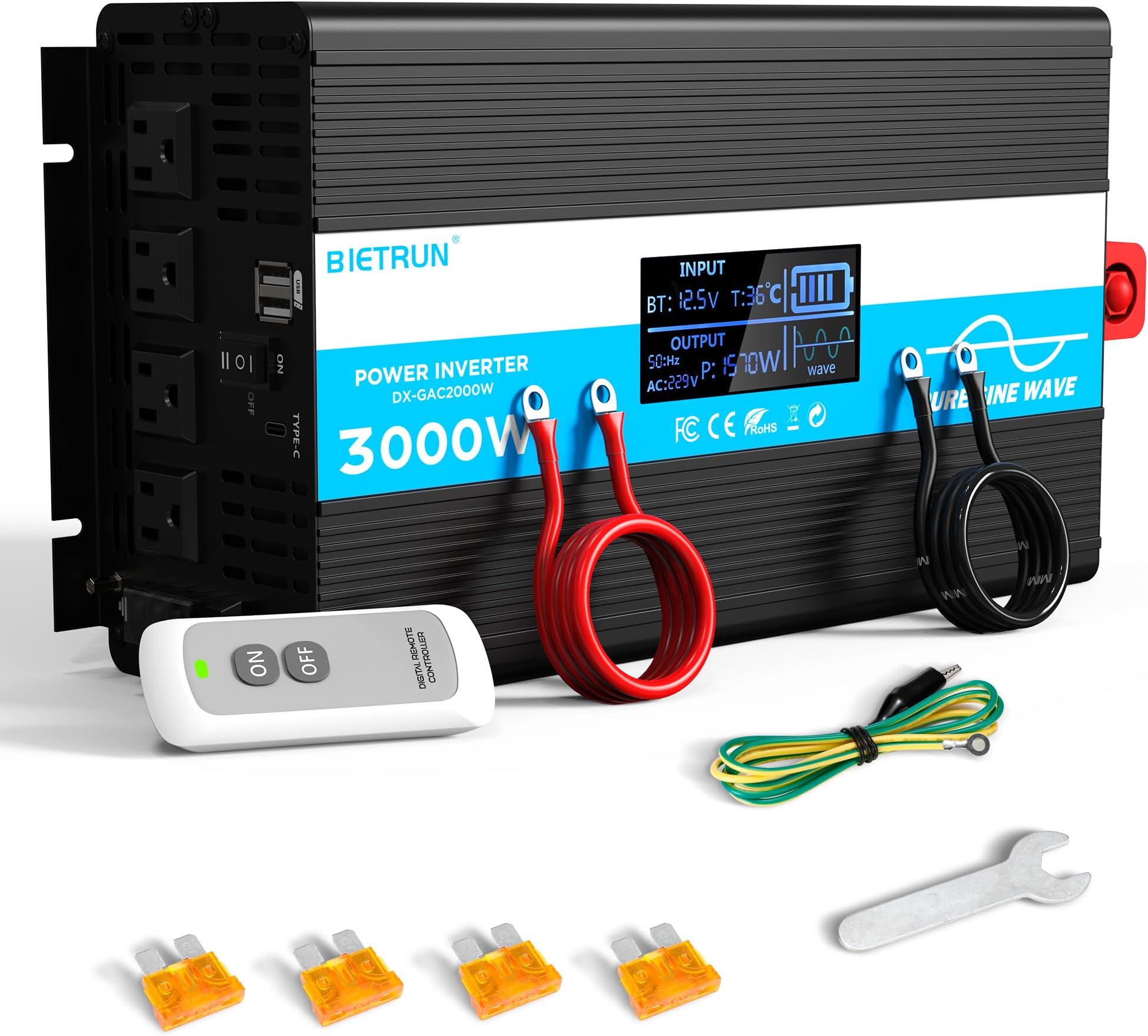 Amazon.com: 3000W Pure Sine Wave Inverter, Car Power Inverter 12V to ...