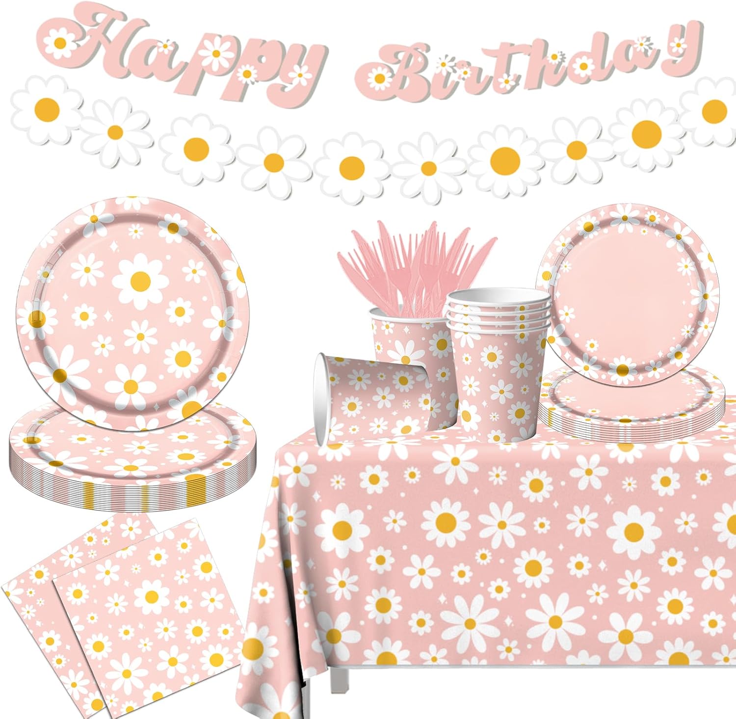 Amazon.com: 142PCS Daisy Birthday Party Tableware Set,Pink Groovy Daisy ...