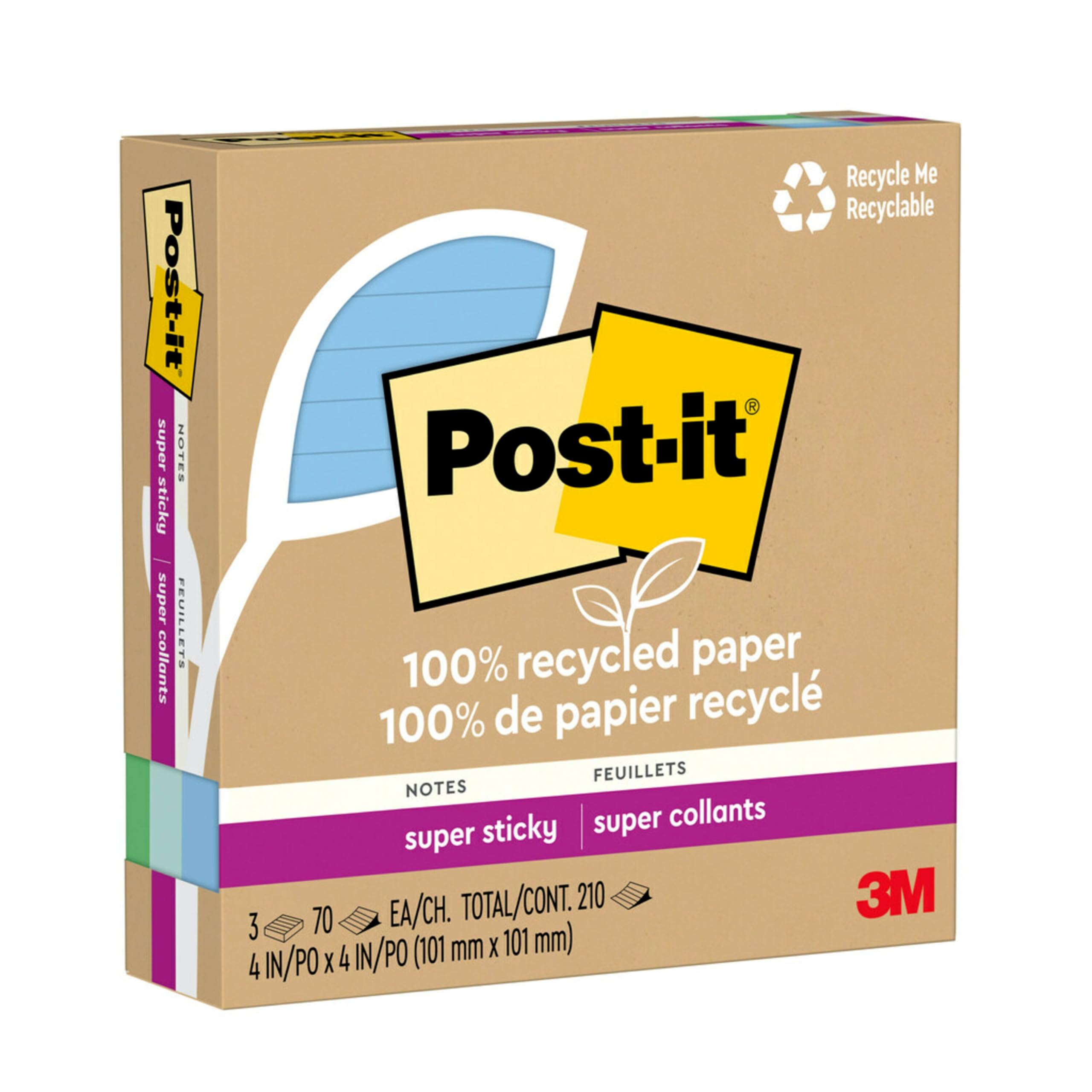 Snapklik.com : Post-it 100% Recycled Paper Super Sticky Notes, 2X The ...