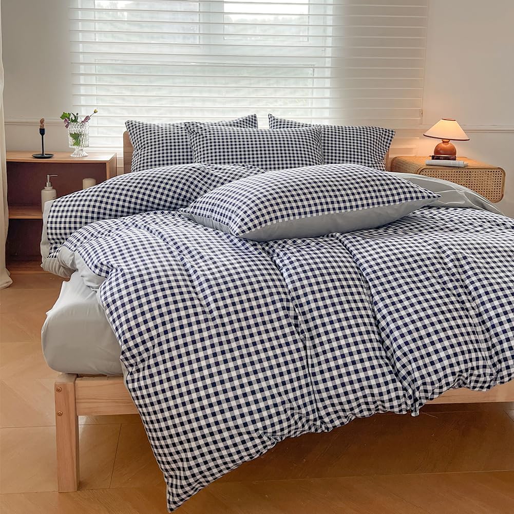 NSNLGSGC Navy Gingham Duvet Cover Set Queen, Dark Blue Grid Simple ...