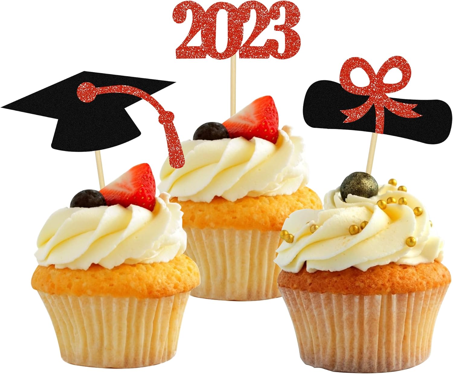 Amazon.com: 2023 Glitter Graduation Cupcake Topper, 48 PCS Red Cake ...