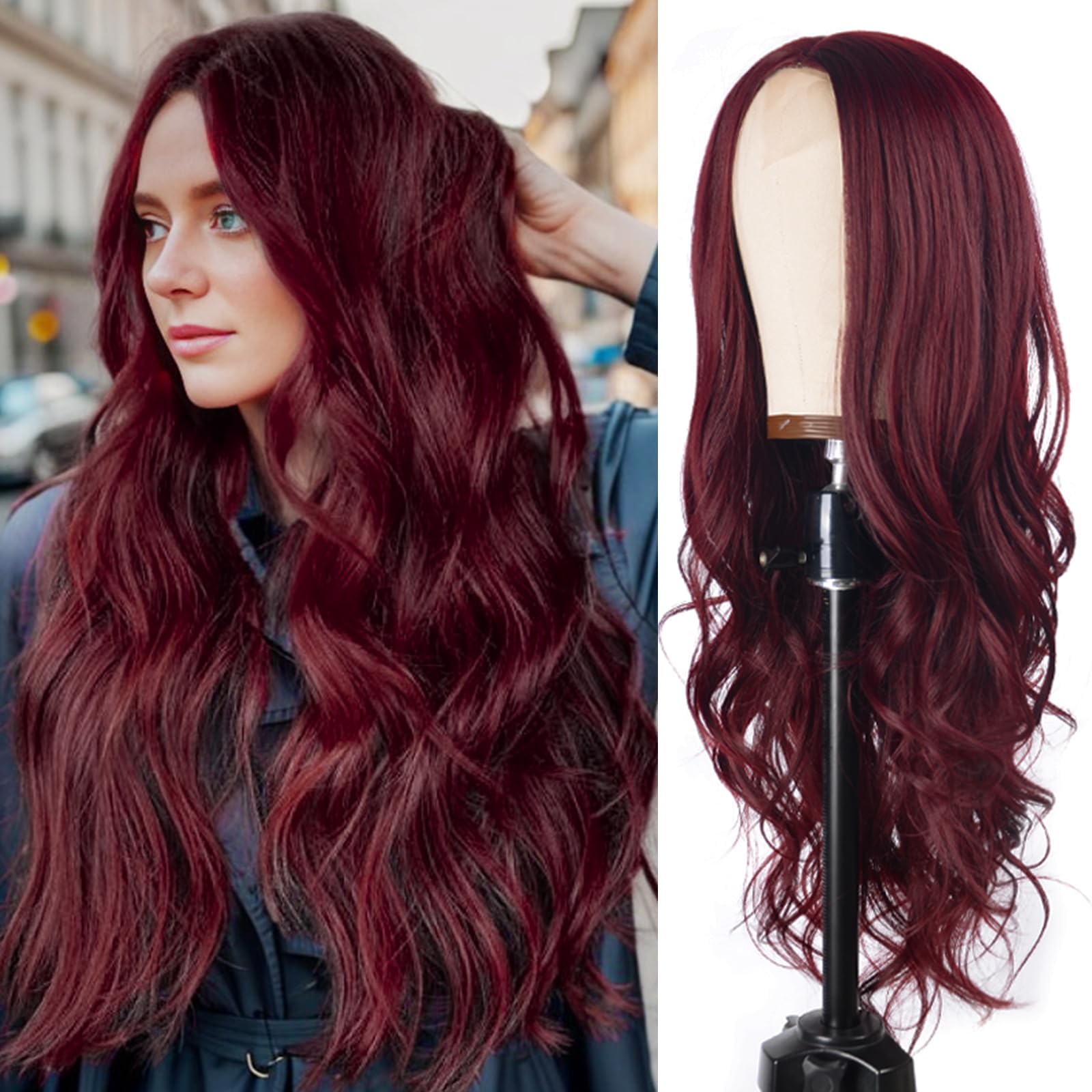 Amazon.com : Aida ble Long Red Wavy Wig Wine Red Wig for Women 26inch ...