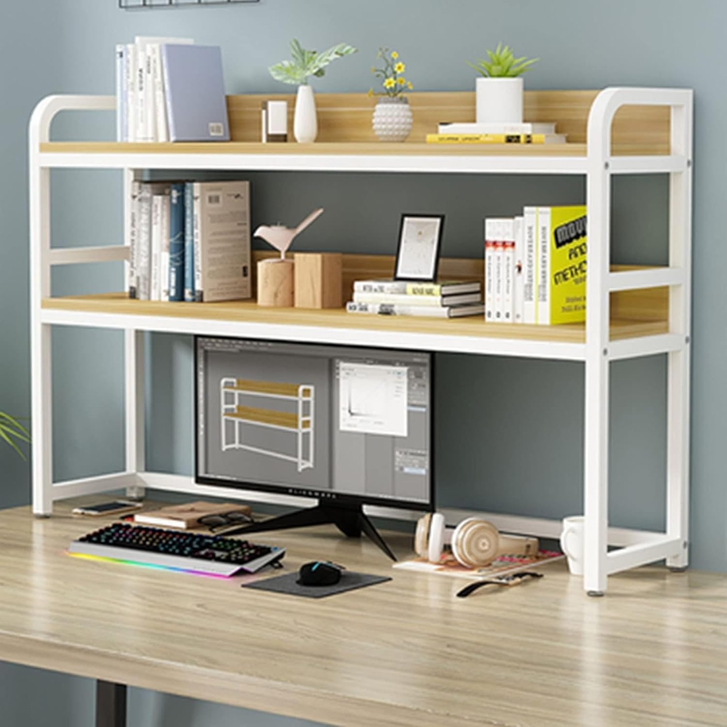 Amazon.co.jp: Desktop Shelf - Desk Top Shelf, Solid Wood Computer Desk ...