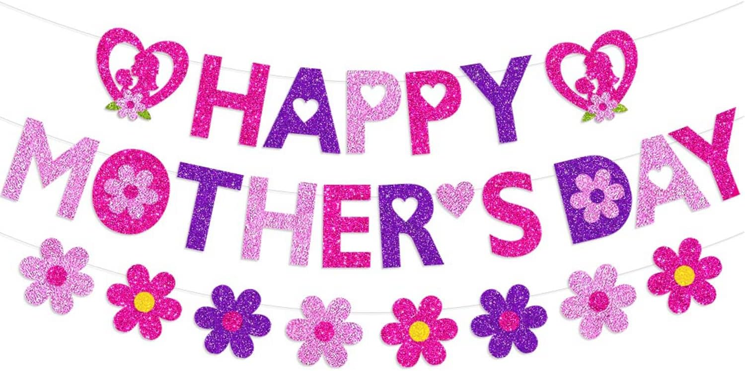 Amazon.com: Happy Mother's Day Banner, Glitter Banner Decoration for ...