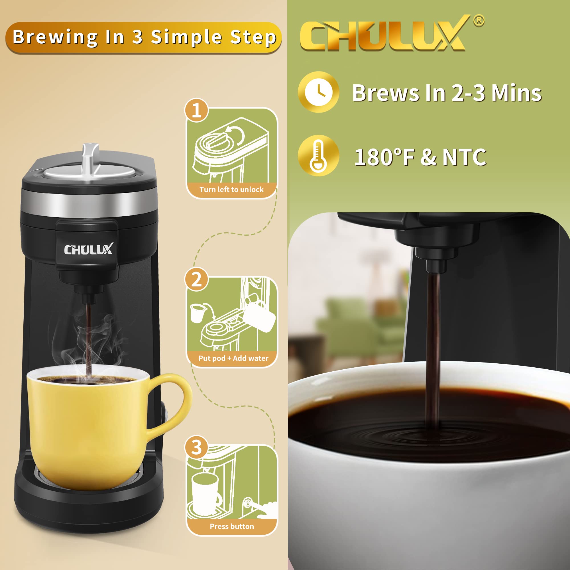 CHULUX Single Serve Coffee Maker for K-Cup Pod & Ground Coffee, Mini ...