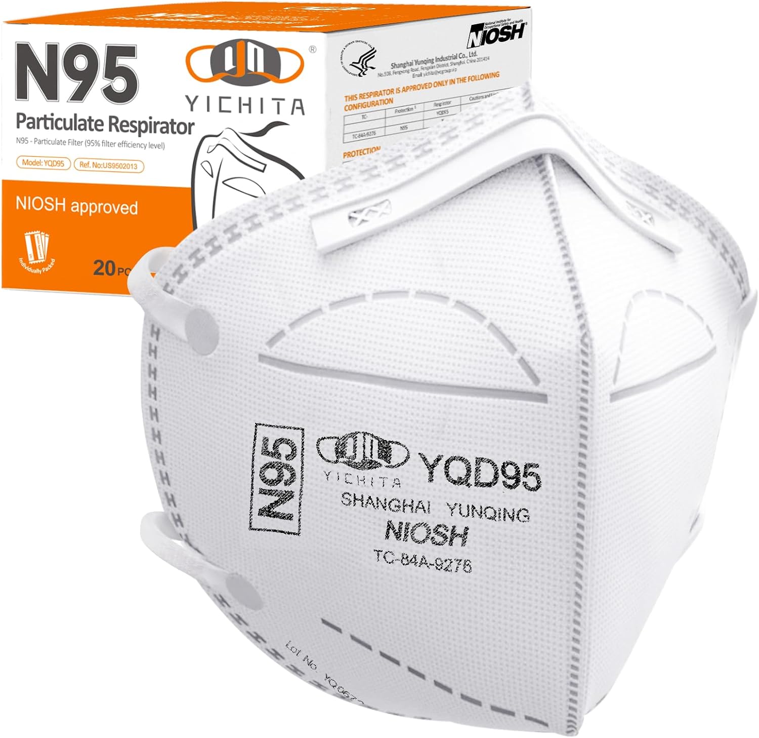 Amazon | YICHITA YQD95 医療用N95マスク 個包装 20枚入 折畳式 頭掛け式 360度3D設計 NIOSH認証 FDA認証 敬老園 学校 病院 介護 職場 通勤など ...