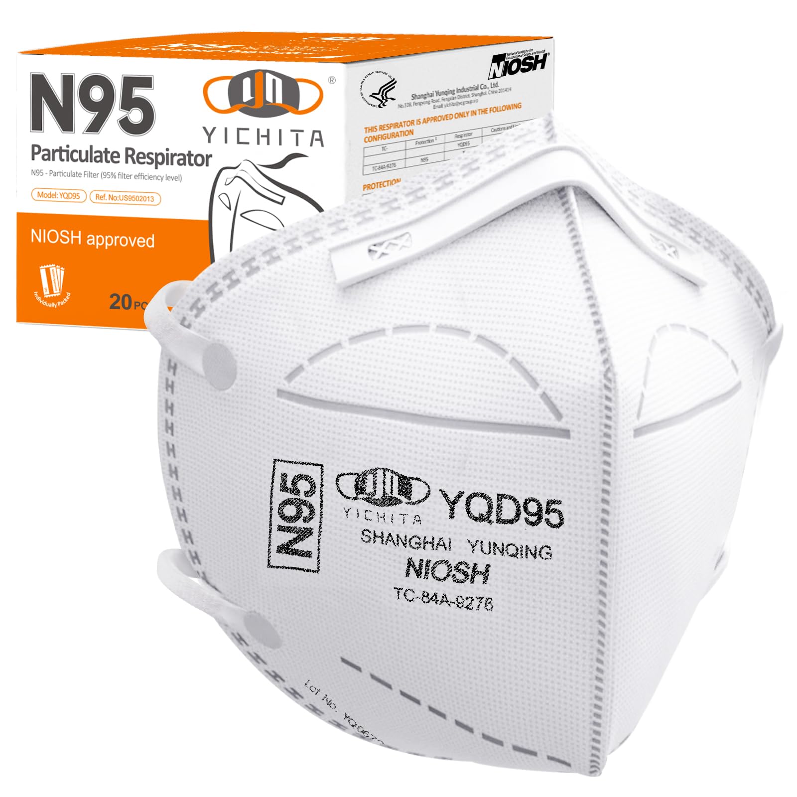 Amazon | YICHITA YQD95 医療用N95マスク 個包装 20枚入 折畳式 頭掛け式 360度3D設計 NIOSH認証 FDA ...