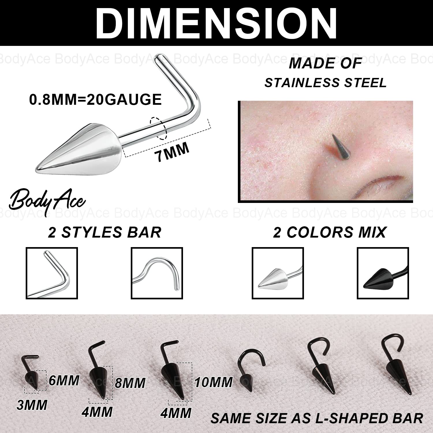 Snapklik.com : BodyAce 20G Spike Nose Studs Rings, Stainless Steel ...
