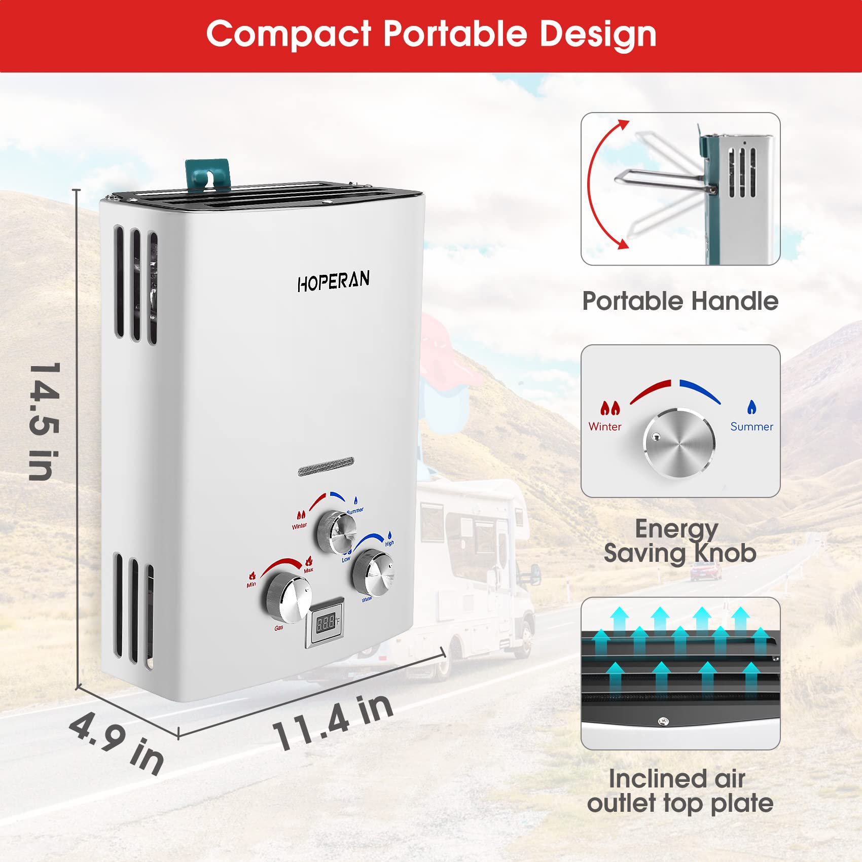 HOPERAN Outdoor Propane Water Heater - 1.6GPM 6L Portable Gas Water ...