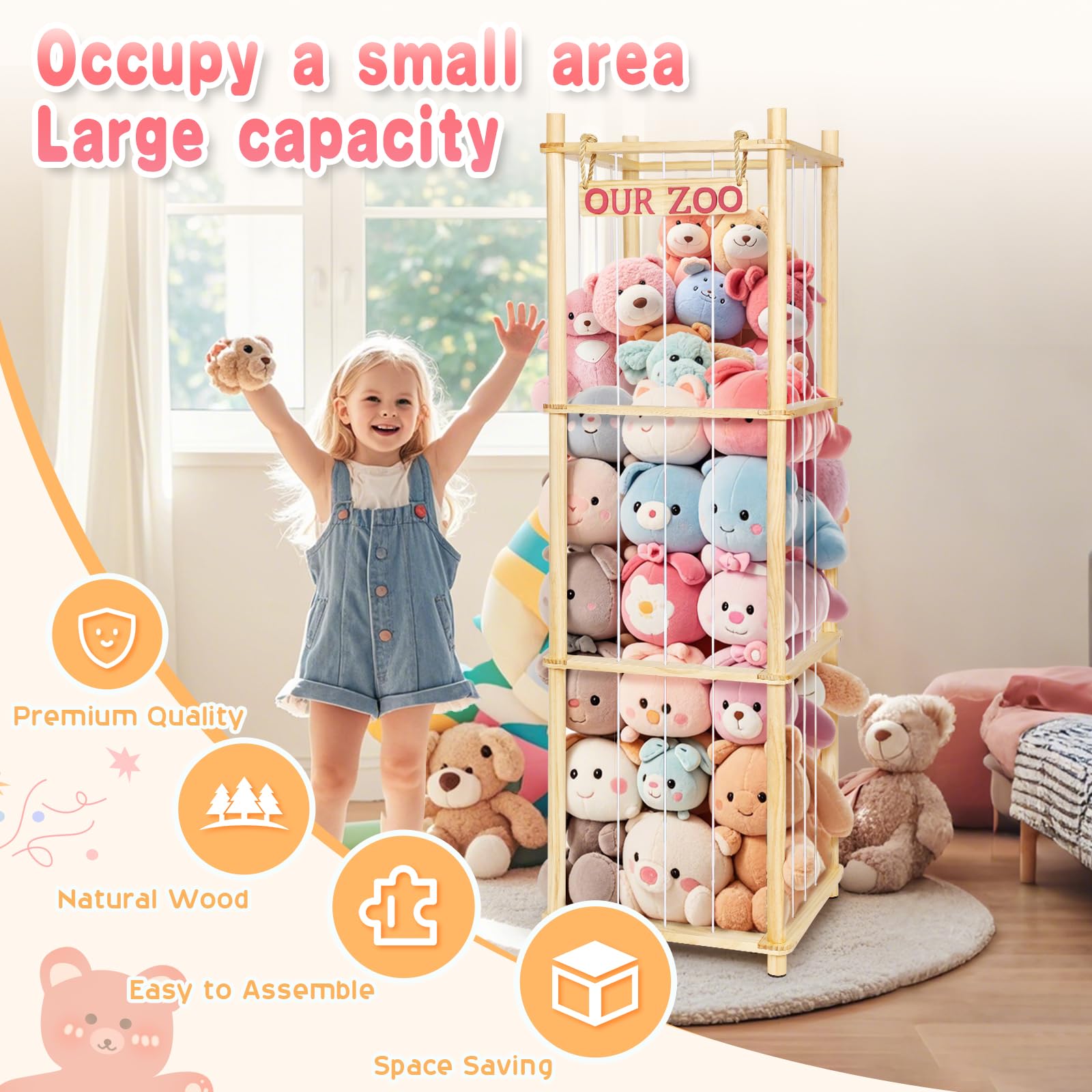 Toy Organizer Stuffed Animal Storage Zoo Tower - Wooden Toy Cage With ...