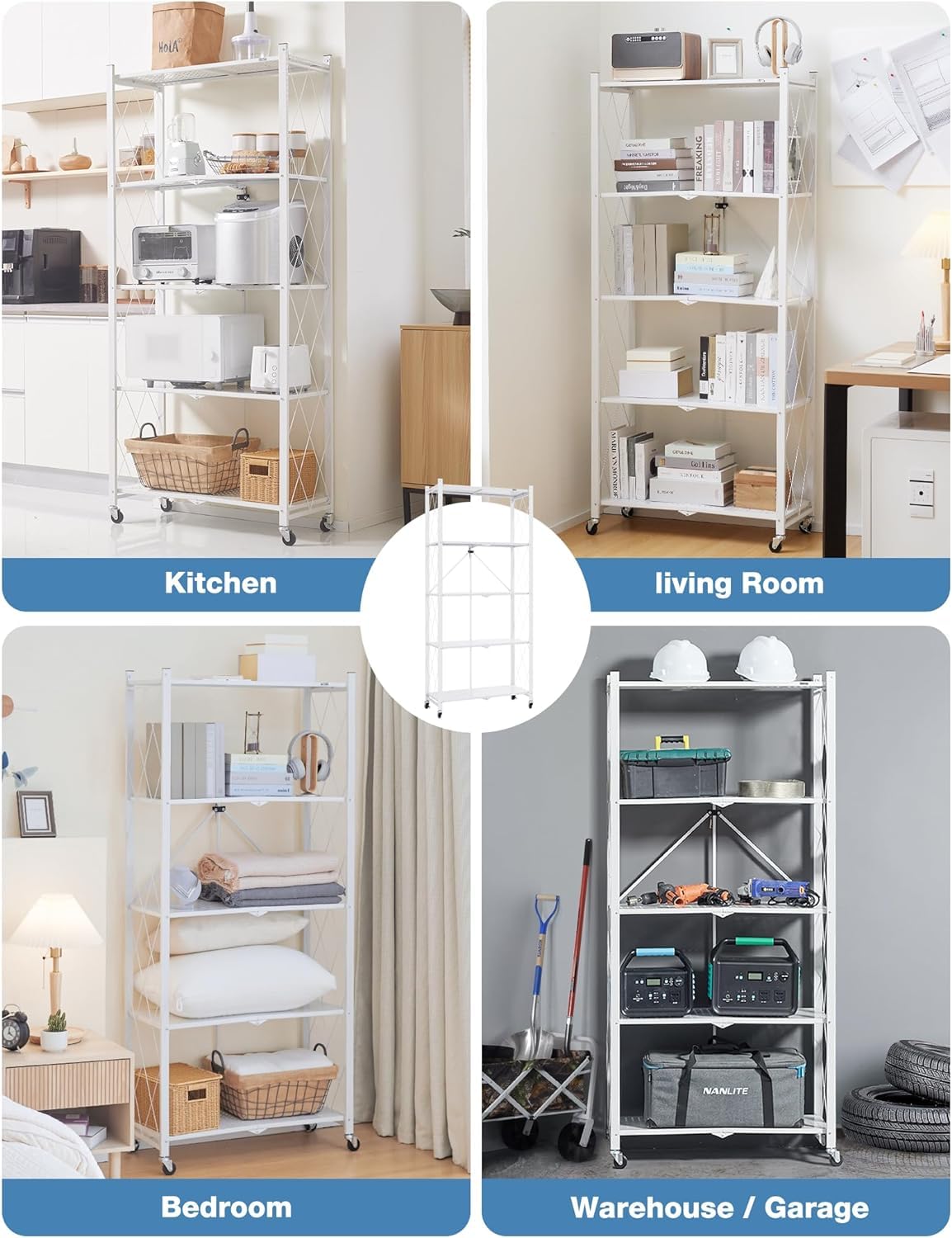5-Tier Heavy Duty Foldable Metal Rack Storage Shelving Unit with Wheels ...
