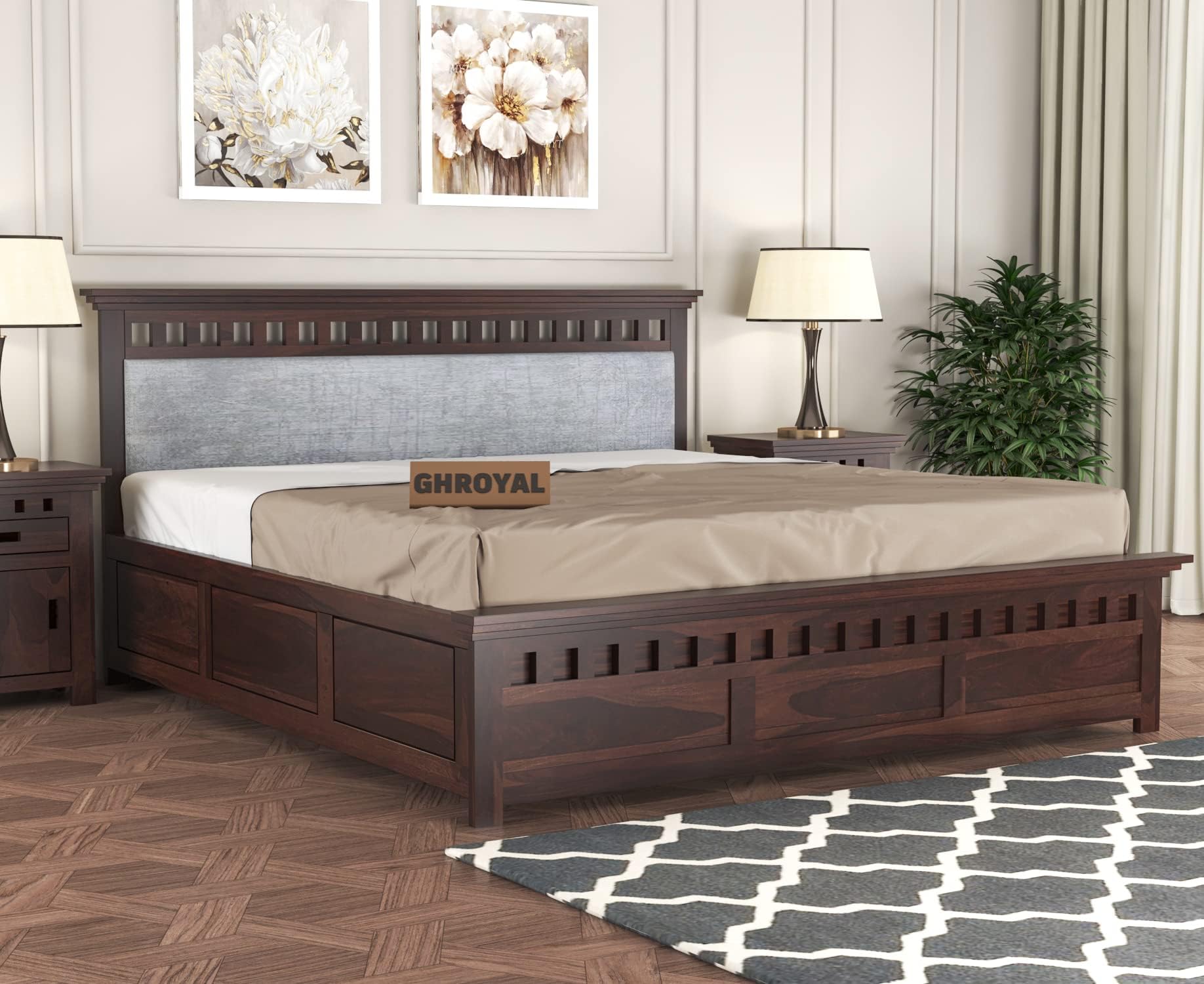 GHROYAL Sheesham Wood King Size Box Storage Bed Home Wooden Double Bed ...