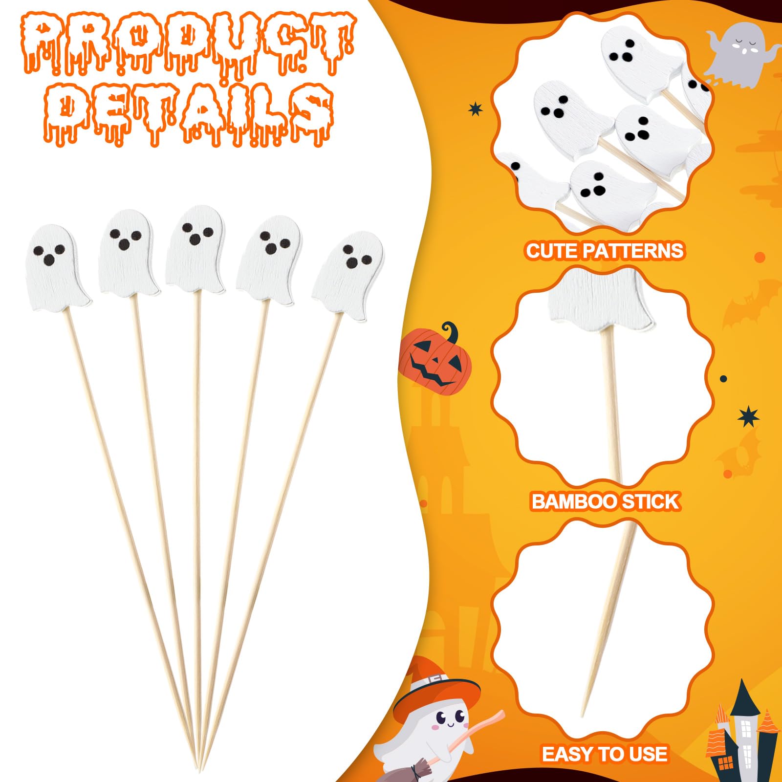 Snapklik.com : 100 Pcs Halloween Ghost Cocktail Picks Cute Ghost Food ...