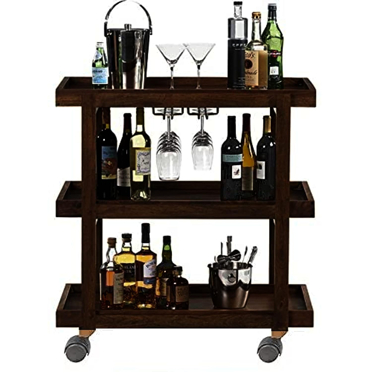 Vm Decor 3-Tier Solid Wood Rolling Bar Cart, Wine Serving Cart with ...
