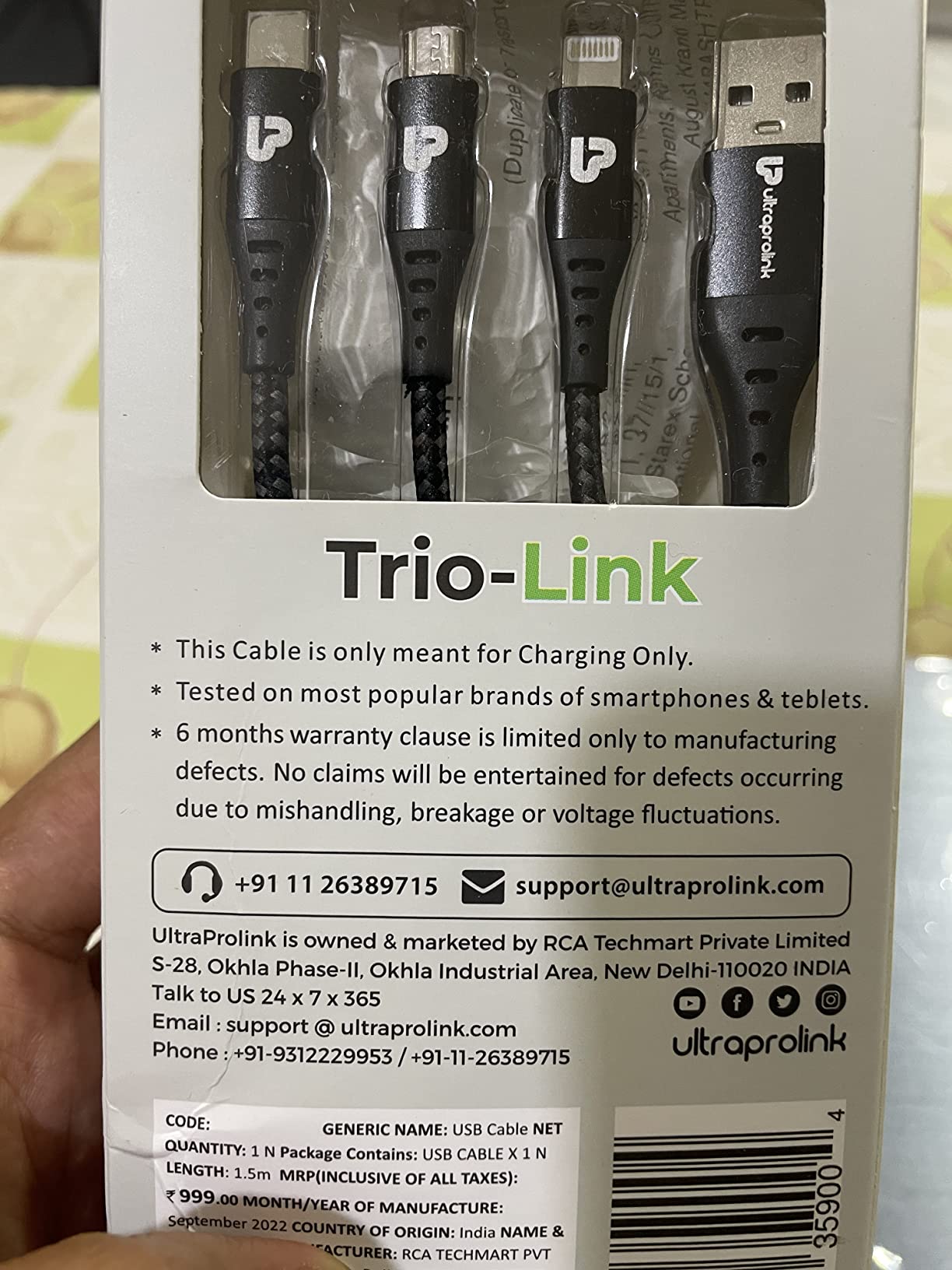 ULTRAPROLINK UL1015 Tri-Link 3 in 1 Cable | Black | 1.5m USB Type C ...