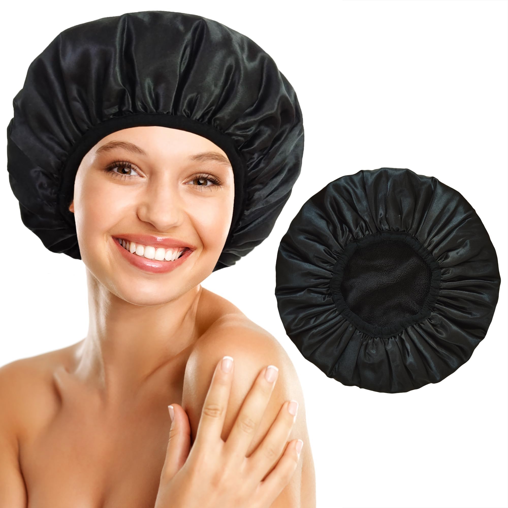 Amazon.com : Shower Cap Reusable Waterproof, Terry Lined Shower Caps ...