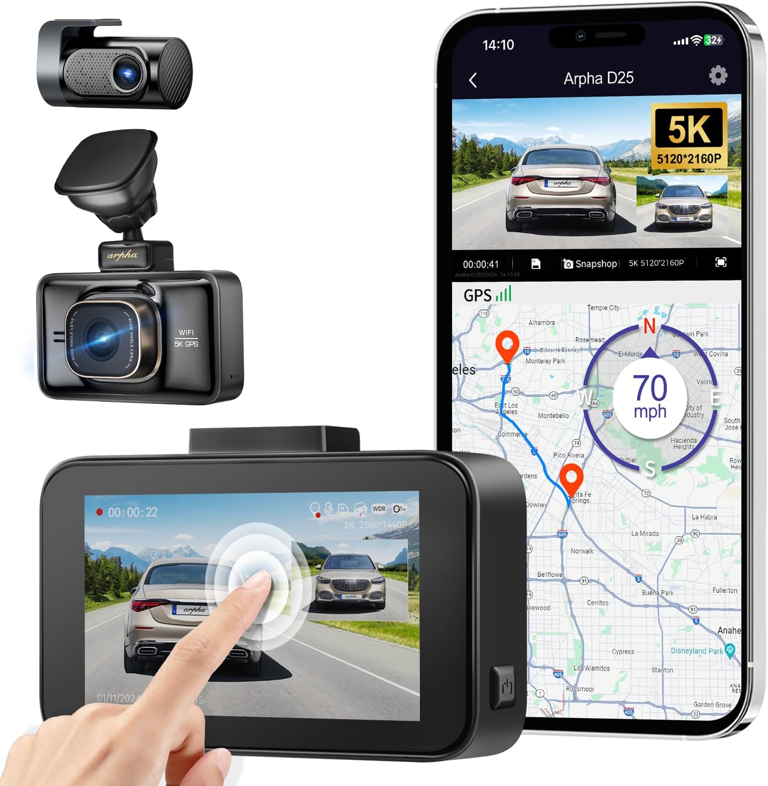 Amazon.com: Arpha 5K Dash Cam Front and Rear, Built-in 128GB eMMC, 5G ...