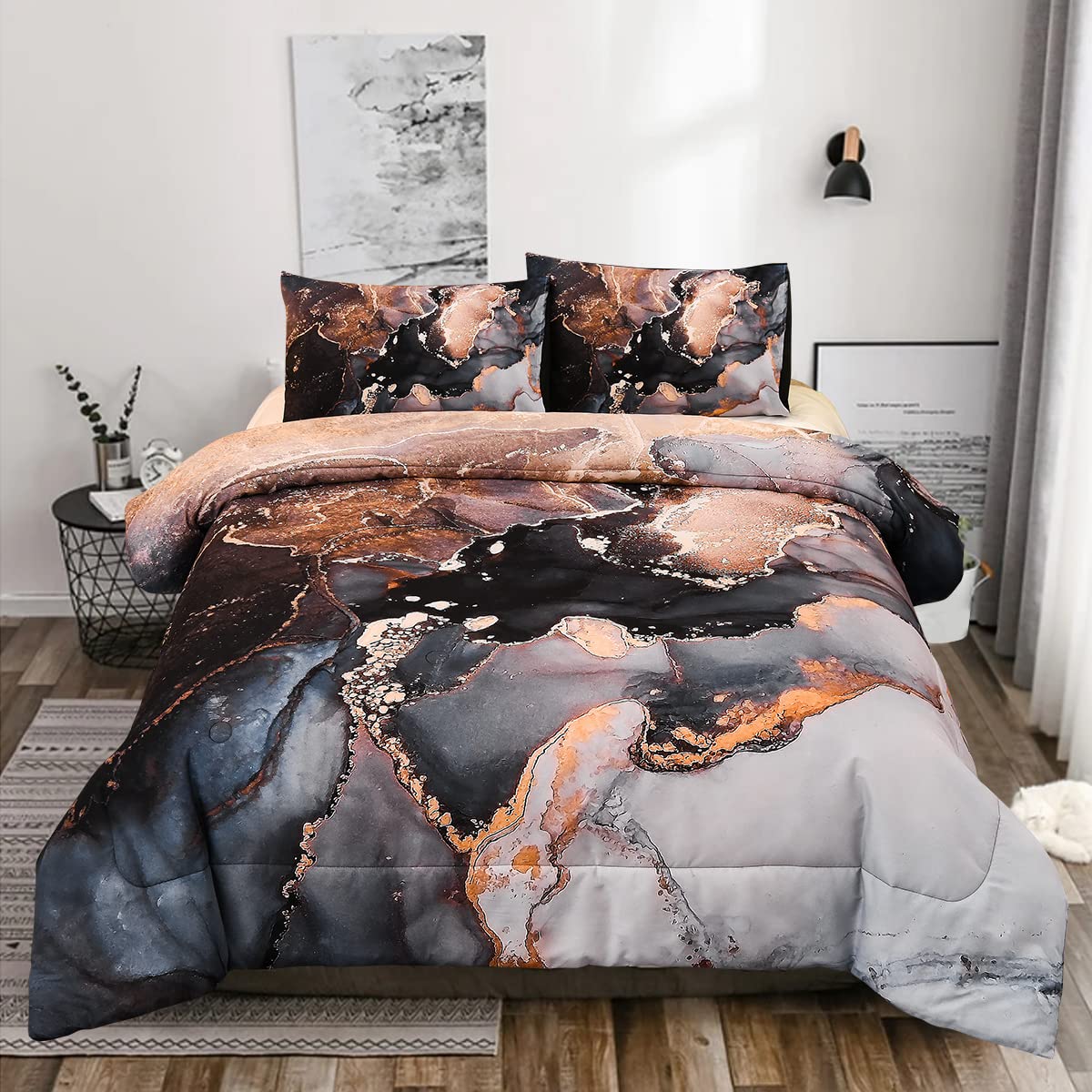 Btargot Marble Comforter Set Queen Grey, 3-Pieces Microfiber Bedding ...