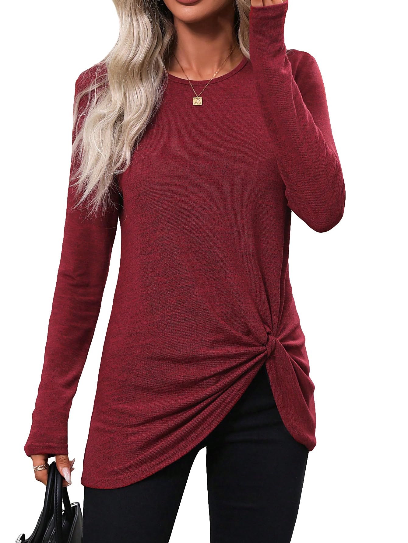 SweatyRocks Women's Casual Twist Hem Long Sleeve Tee Shirts Plain Round ...