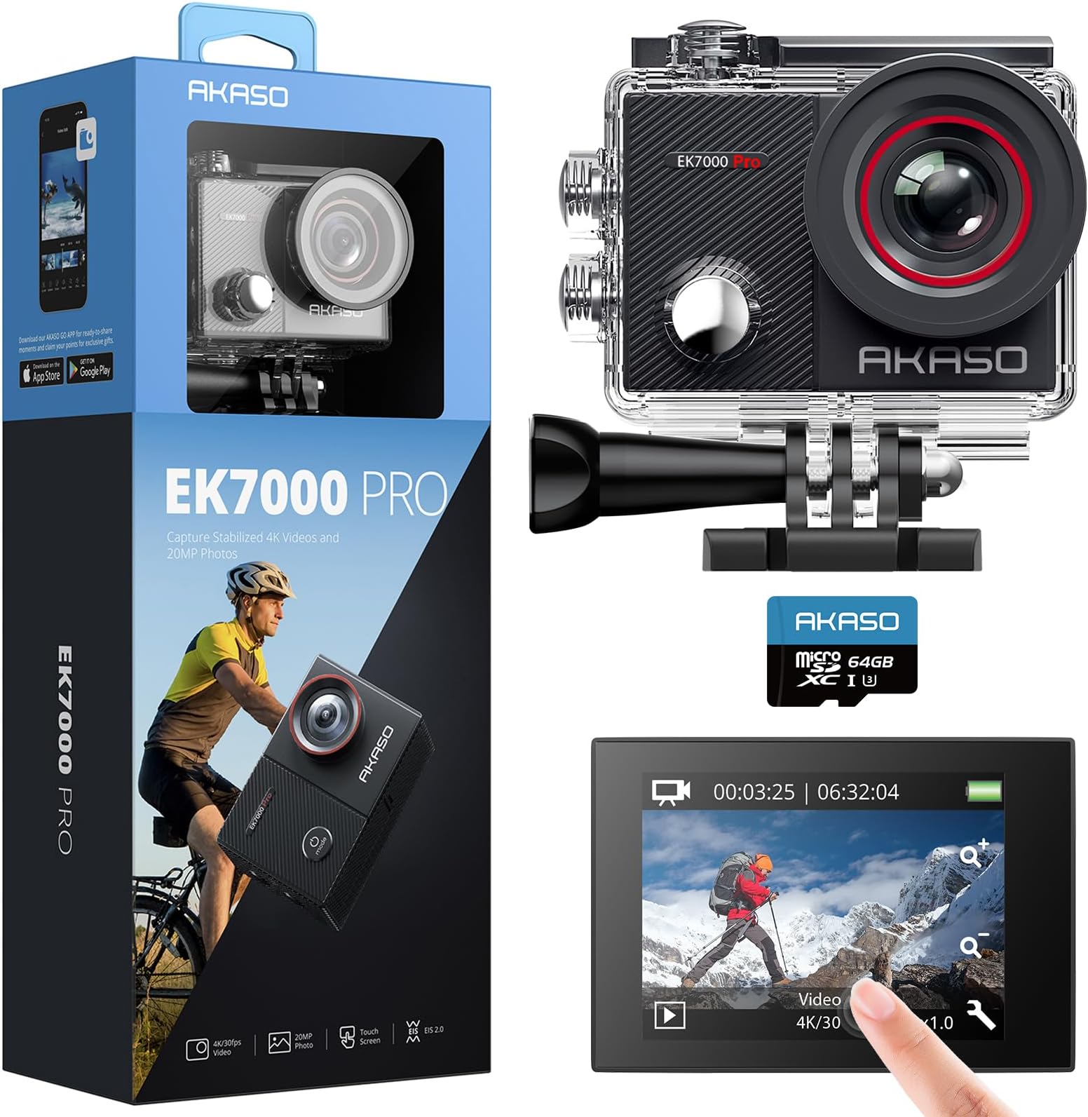 Amazon.com : AKASO EK7000 Pro 4K30fps Action Camera with 64GB MicroSDXC ...