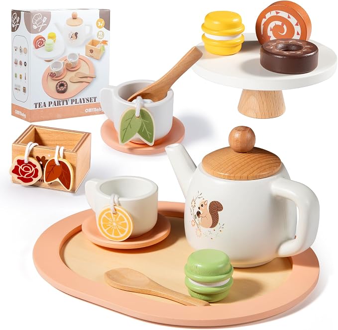 Amazon.com: OMYBaby Wooden Tea Set for Little Girls, 19pcs Party ...