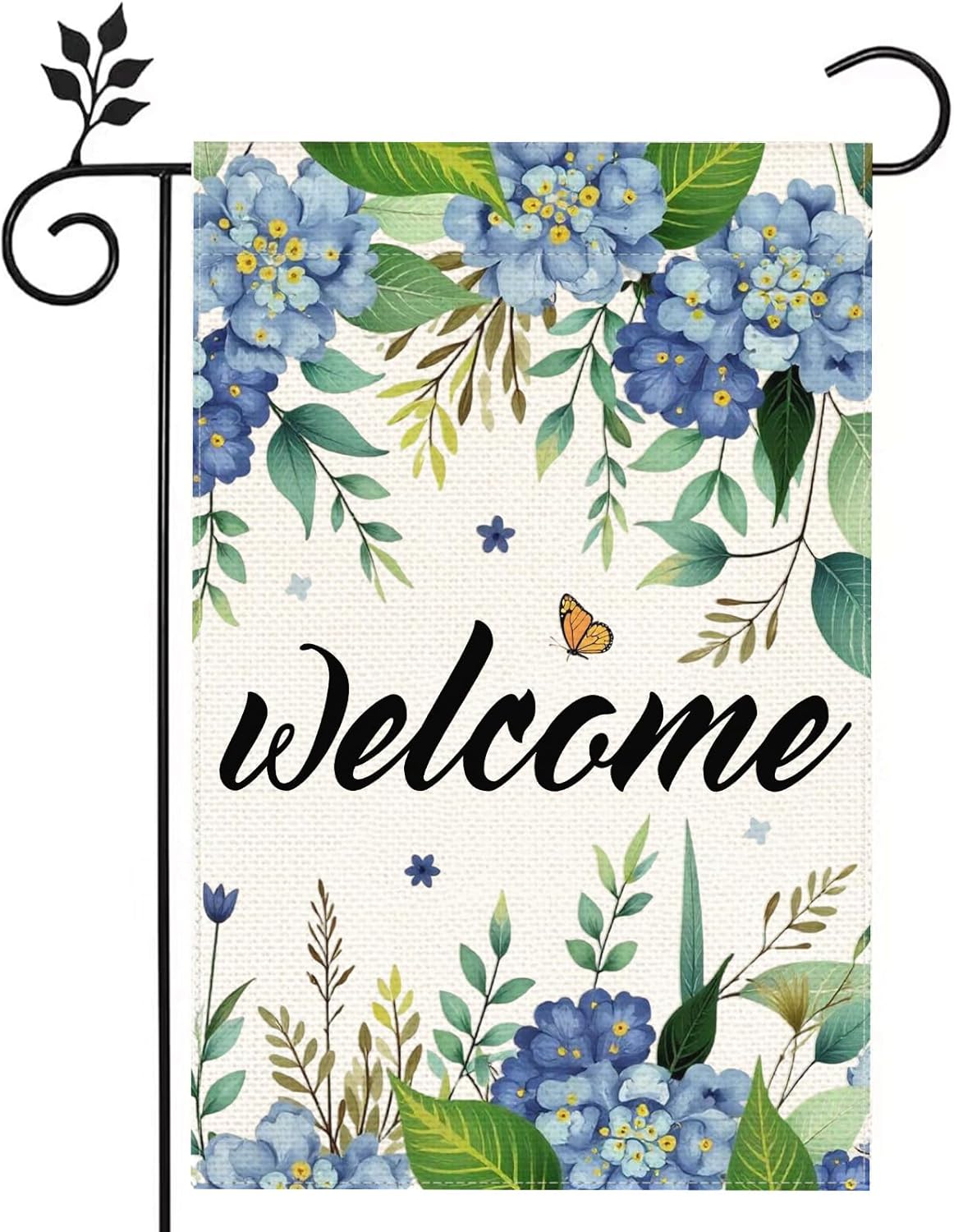 Amazon.com : Welcome Spring Blue hydrangea butterfly Garden Flag 12x18 ...