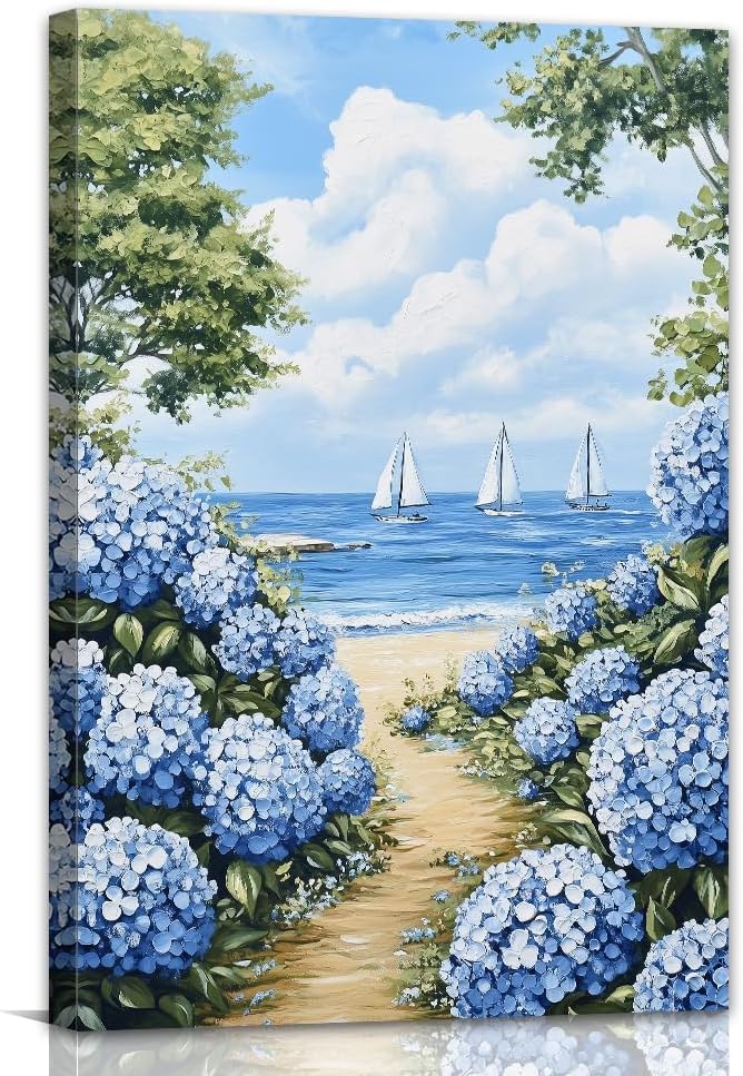 Amazon.com: Beach Wall Art Blue Hydrangea Canvas Art Costal Flower ...