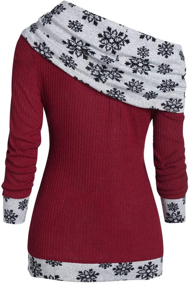 FEDULK Womens Christmas Ugly Blouse Tops Skew Collar Snowflake Print ...
