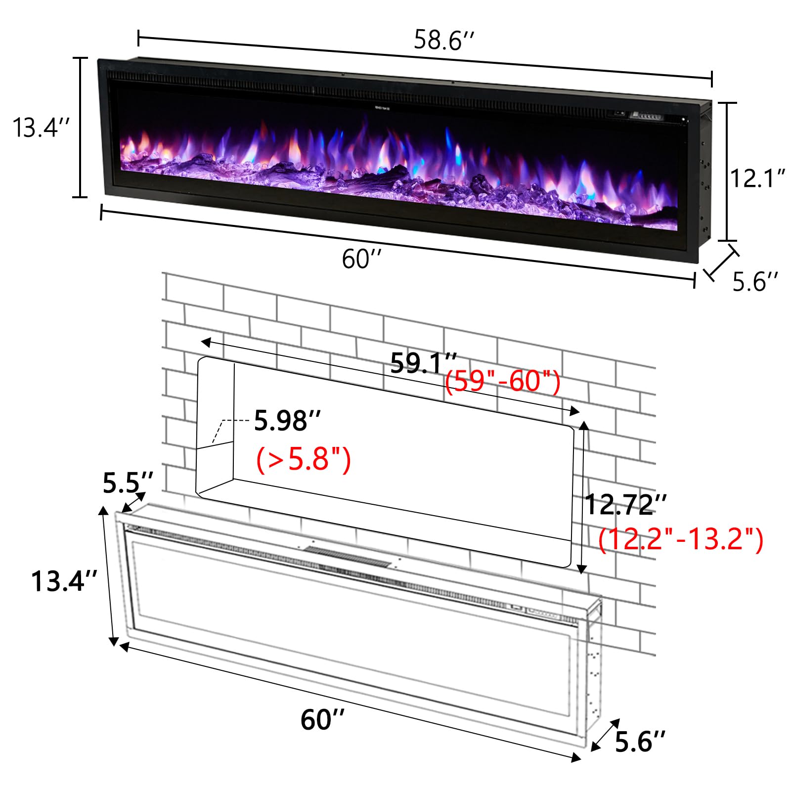 LUXOAK Electric Fireplace Inserts 60 Inch Wall Mounted Black Fireplaces ...