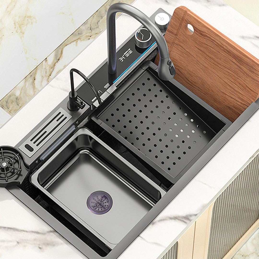 Buy Waterfall Kitchen Sink with Faucet Smart Black Stainless Steel ...