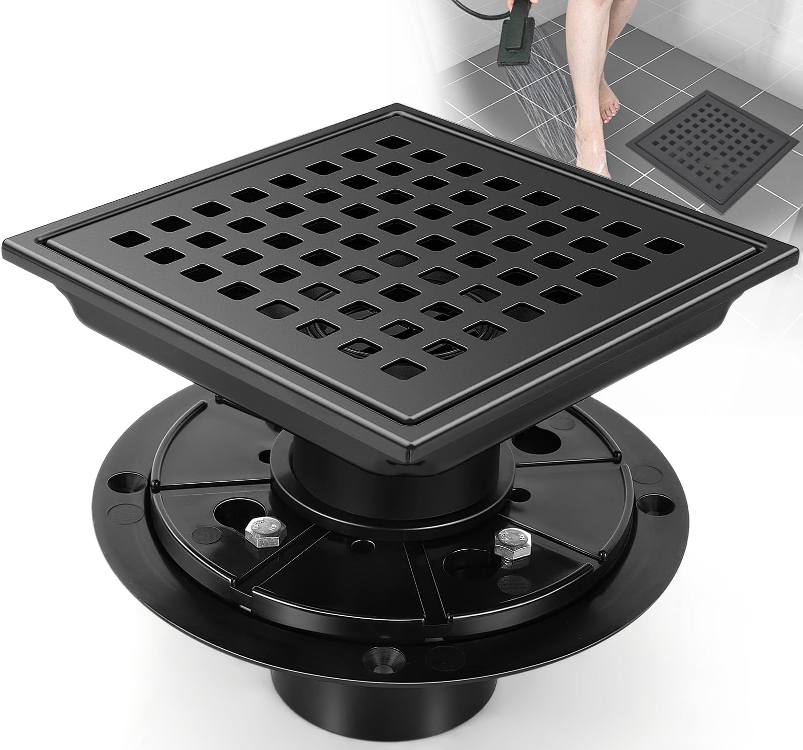 Square Shower Floor Drain 6 Inch - Matte Black Shower Drain with Flange ...