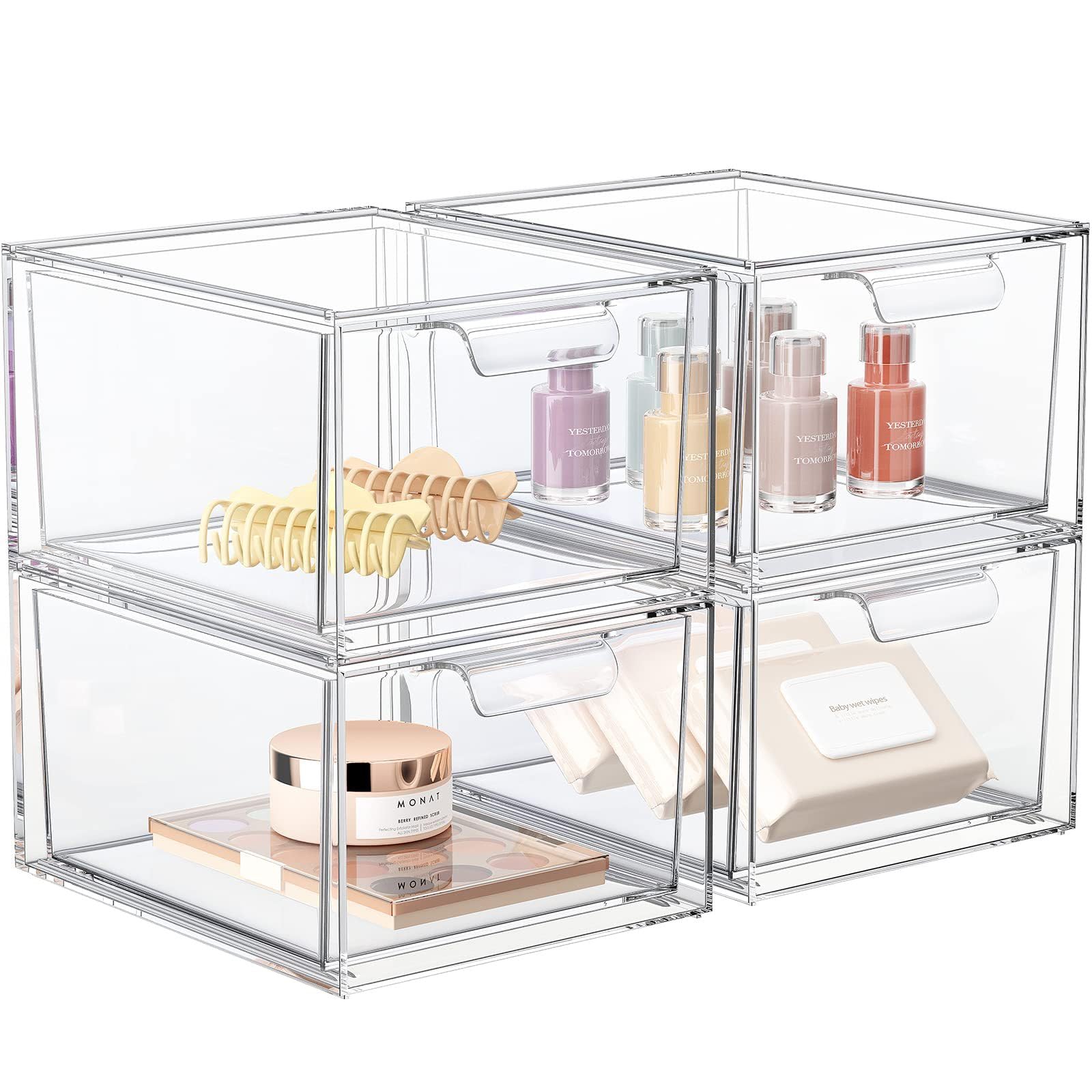 YIEZI Stackable Makeup Organizer Storage Drawers, 4.4'' Tall Acrylic ...