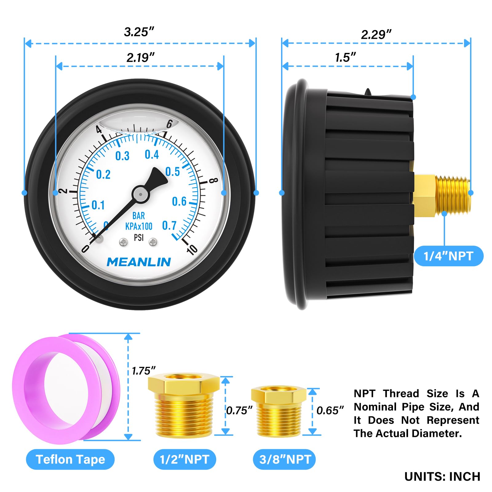 Snapklik.com : MEANLIN MEASURE 010Psi Stainless Steel 1/4" NPT 2.5 ...