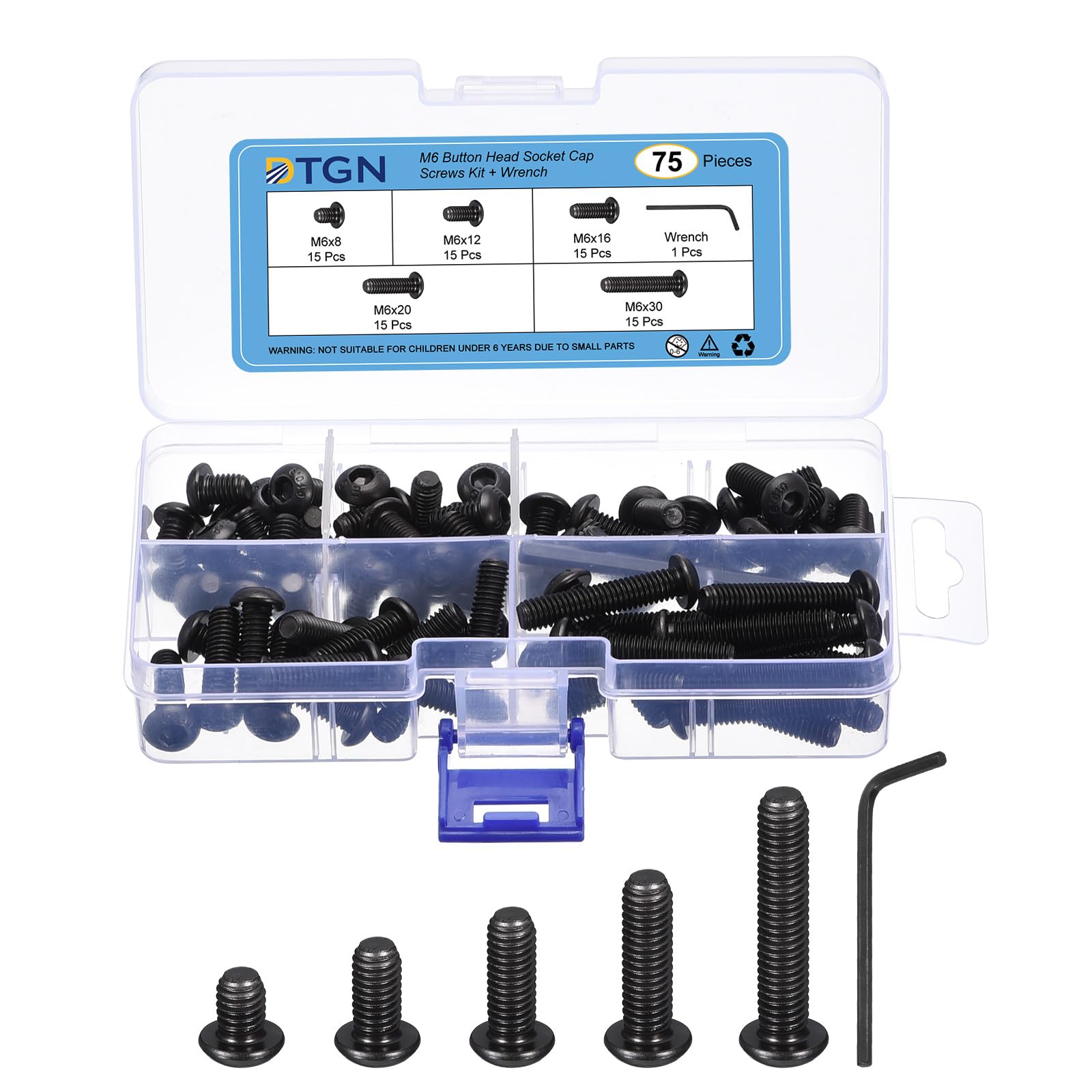 DTGN 75Pcs M6(D) Button Head Socket Cap Screws Kit, 8/12/16/20/30mm(L ...