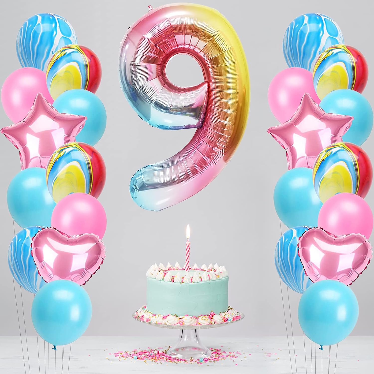 9 Balloons Birthday Girl, 40 Inch Large Gradient Foil Balloon Birthday ...