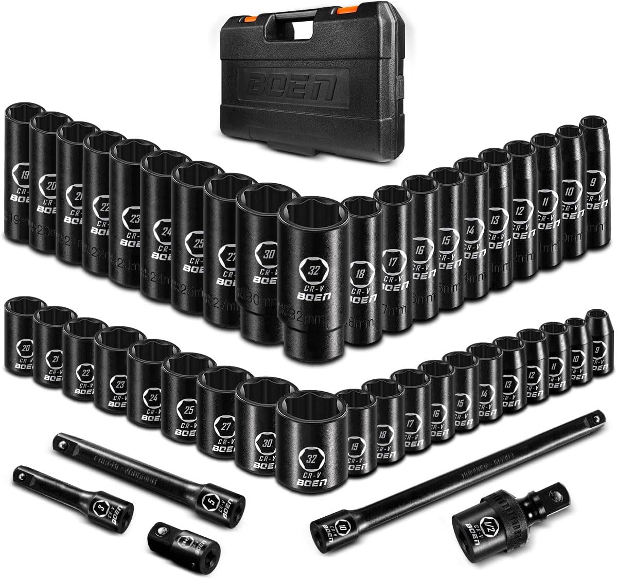 boen 45PCS 1/2” Drive Metric Socket Set, Impact Deep& Shollow Socket ...
