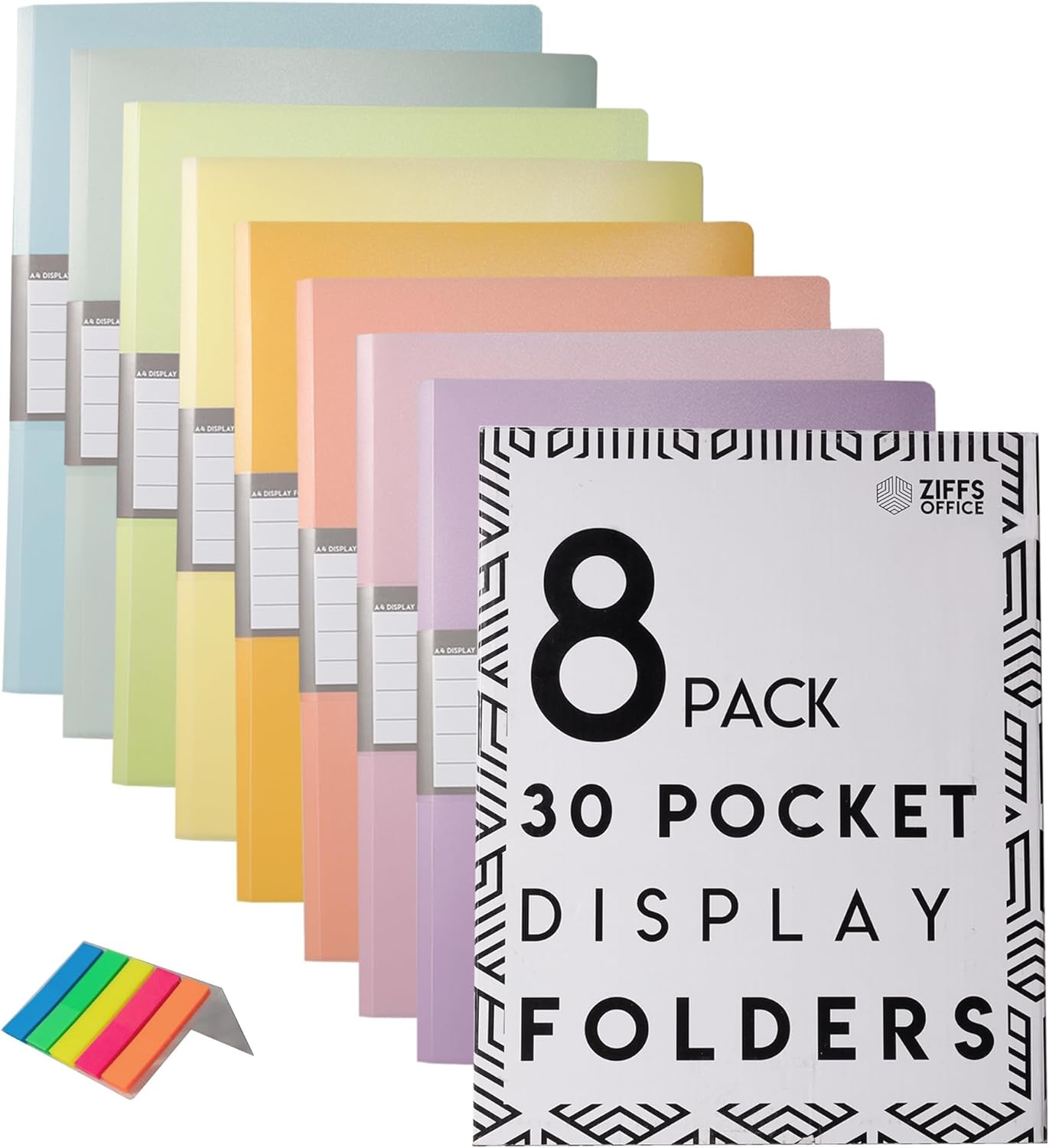 Ziffs Office® 8 x 30 Pocket A4 Display Folders - Pastel Coloured A4 Display Folders with Plastic ...