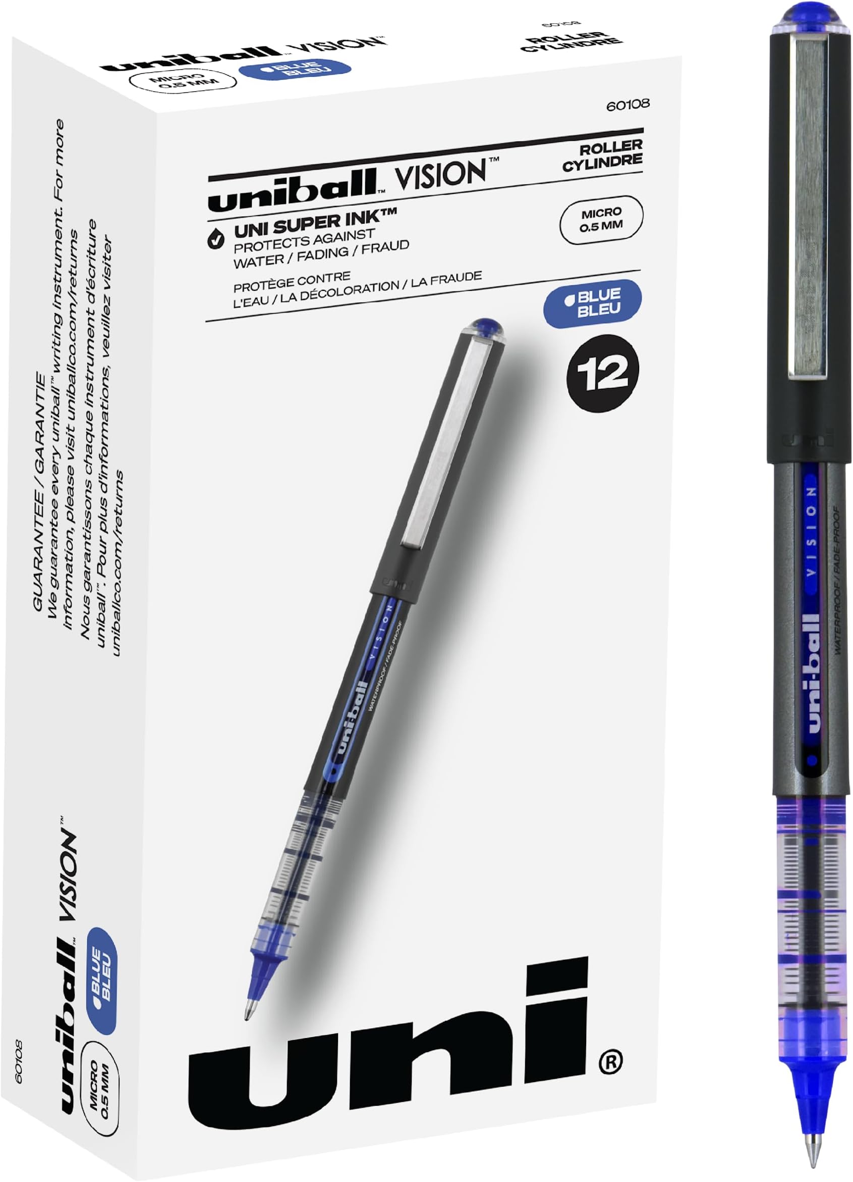 uni-ball VISION Rollerball, Stick Roller Ball Pen Micro-0.5mm, 12 Pack ...