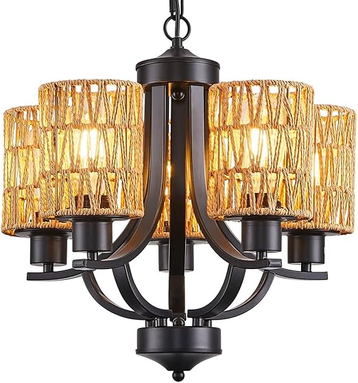 TELAFLY 5-Light Dining Room Chandelier,Modern Small Rattan Chandeliers Black Rustic Metal ...