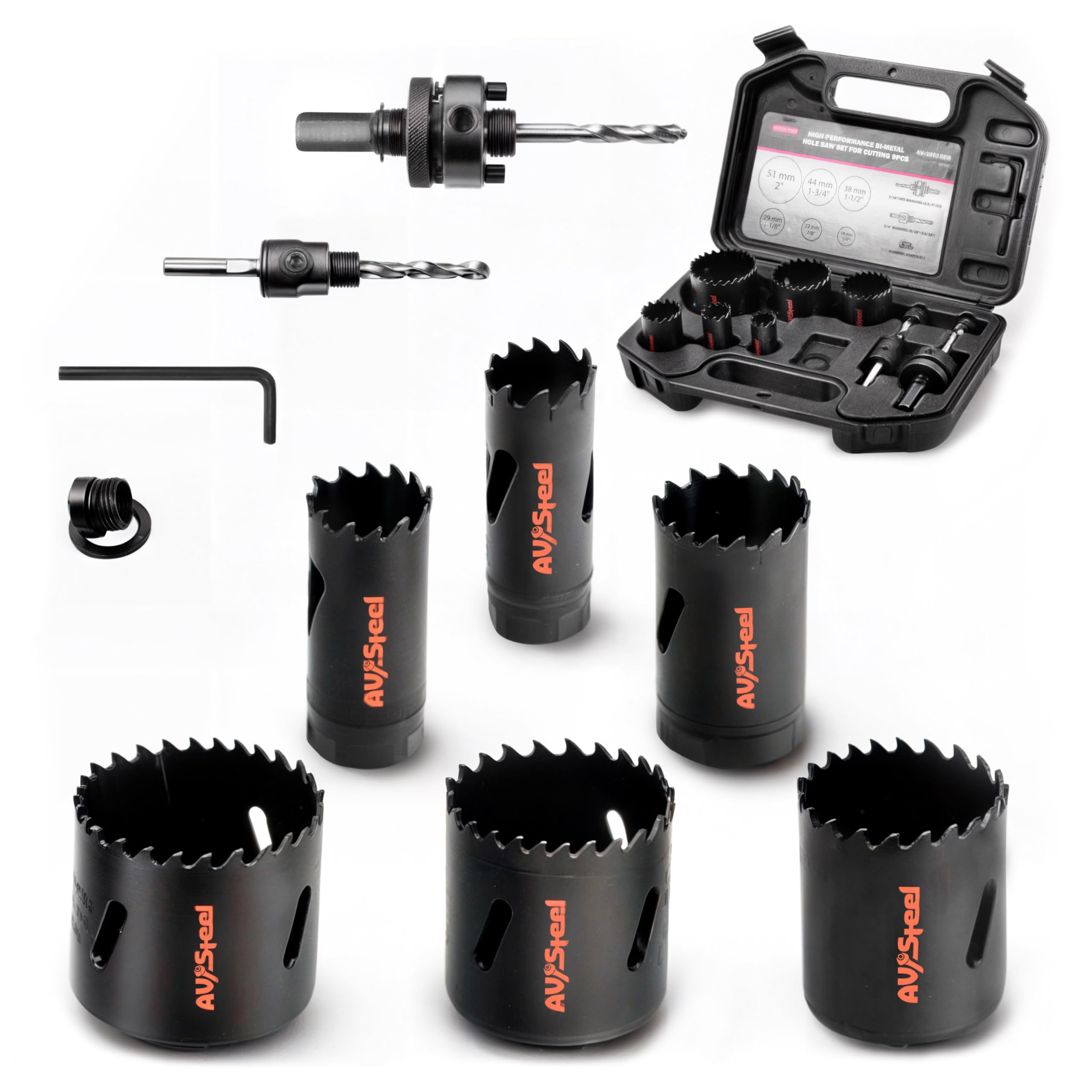 AV Steel Bi-Metal Hole Saw Kit, 9 Pieces Drill Hole Saw Set in Case with Mandrels, Hole Saw Bits ...