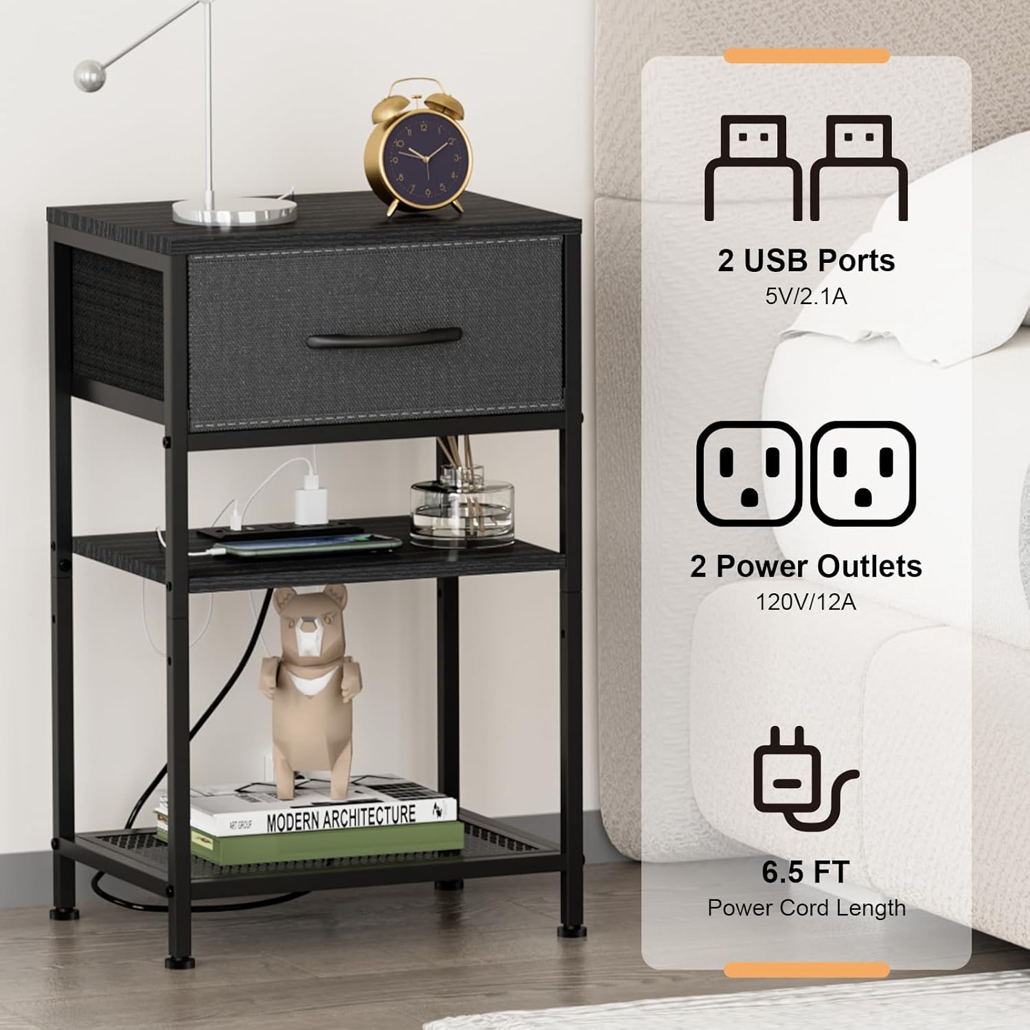 DOMYDEVM Black Night Stand with Charging Station, Bedside Nightstand ...
