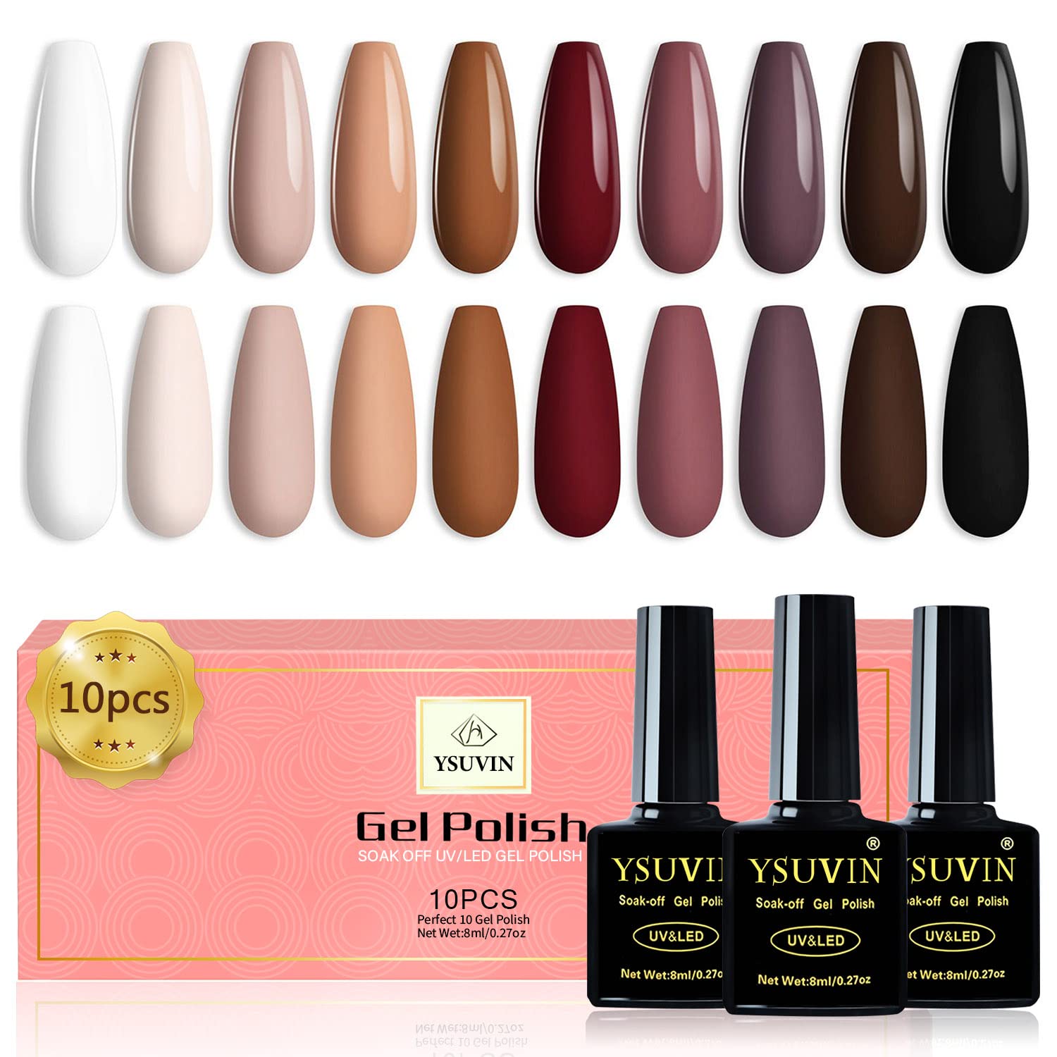 Yueshop 10 Colors Gel Nail Polish,Beige Brown Black Reddish Brown White ...
