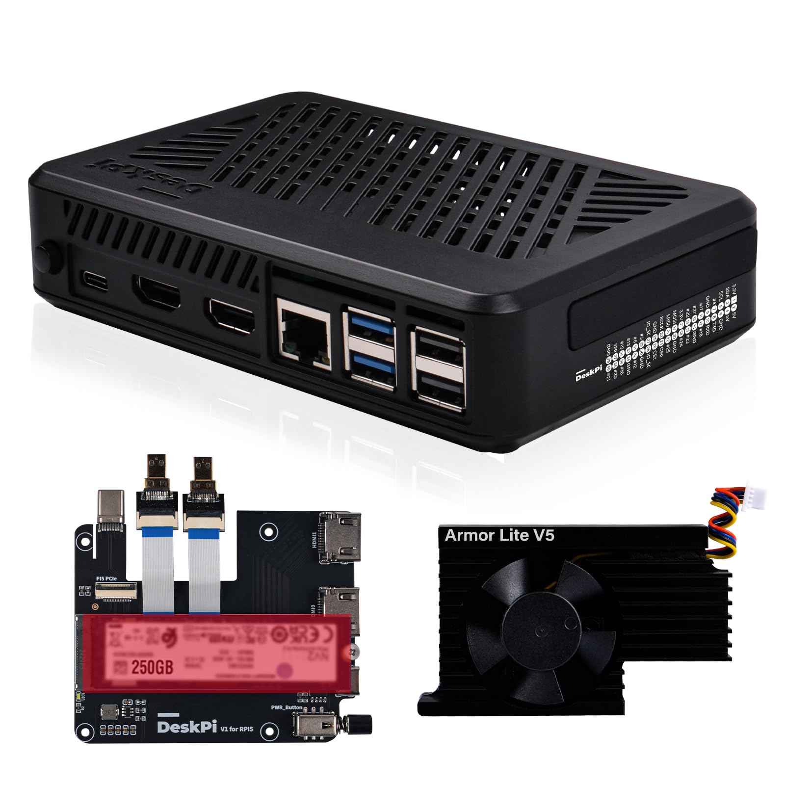 GeeekPi DeskPi Lite Pi5 Case with Power Button,PCIe to M.2 HAT,Active ...