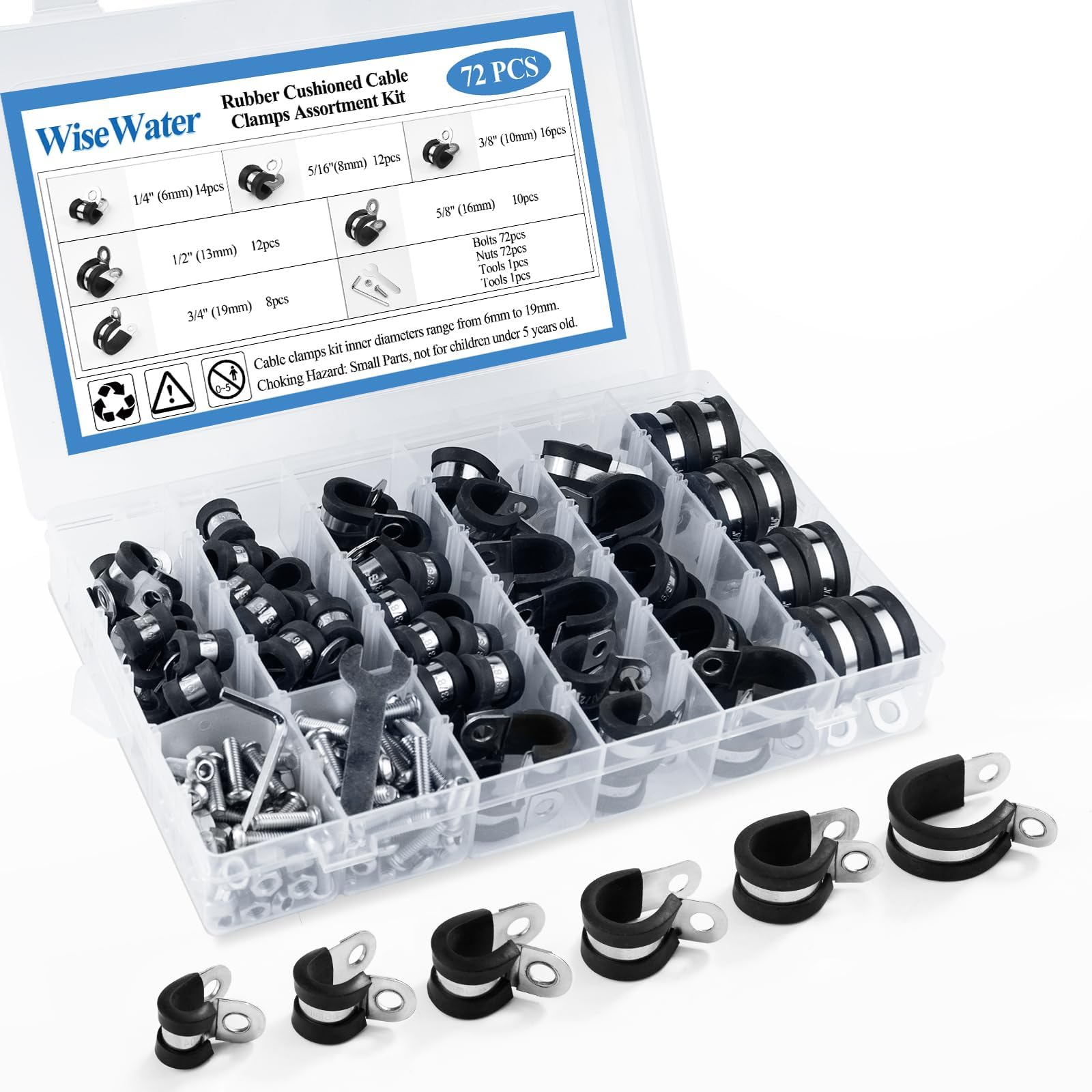 WiseWater 72PCS Cable Clamps Assortment Kit, 304 Stainless Steel Rubber ...