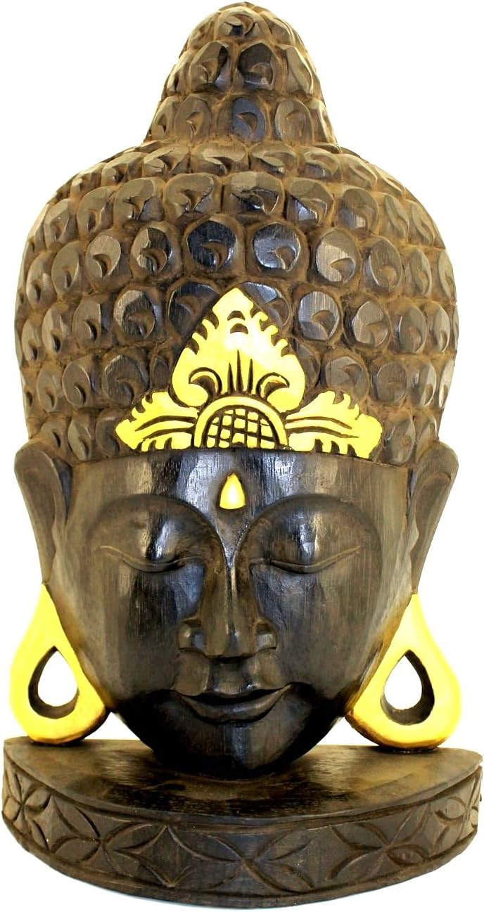 40cm Wooden Buddha Mask Wood Budda Head Black Gold Feng Shui Noble ...