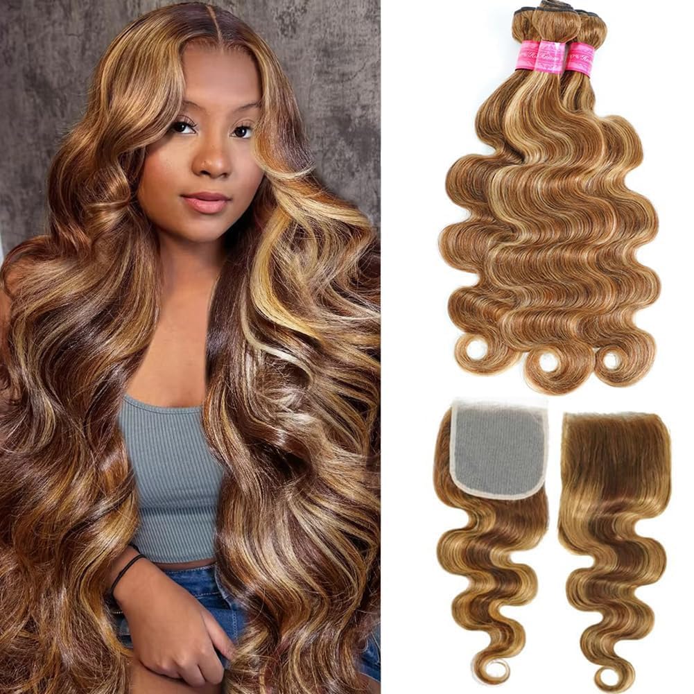 Amazon.com : Honey Blonde Highlight Body Wave Bundles with 5x5 Closure ...