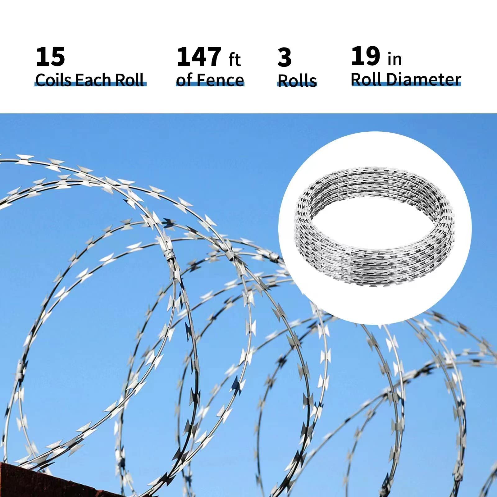 TMEE Razor Wires Razor Barbed Wire 147ft,3 Coils 49 ft Razor Wire ...