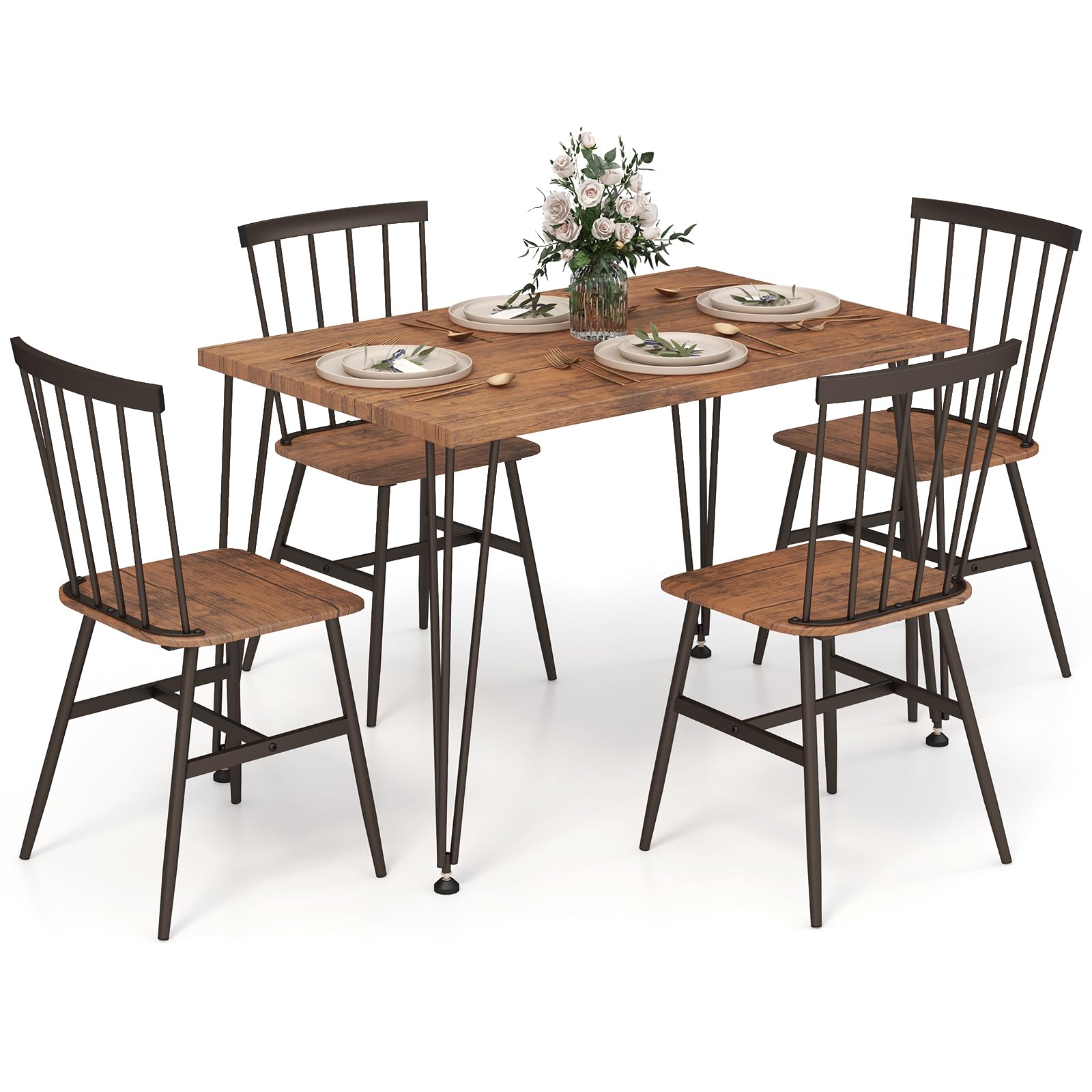 COSTWAY Dining Table and Chairs Set 4, 5 Piece Rectangular Kitchen ...